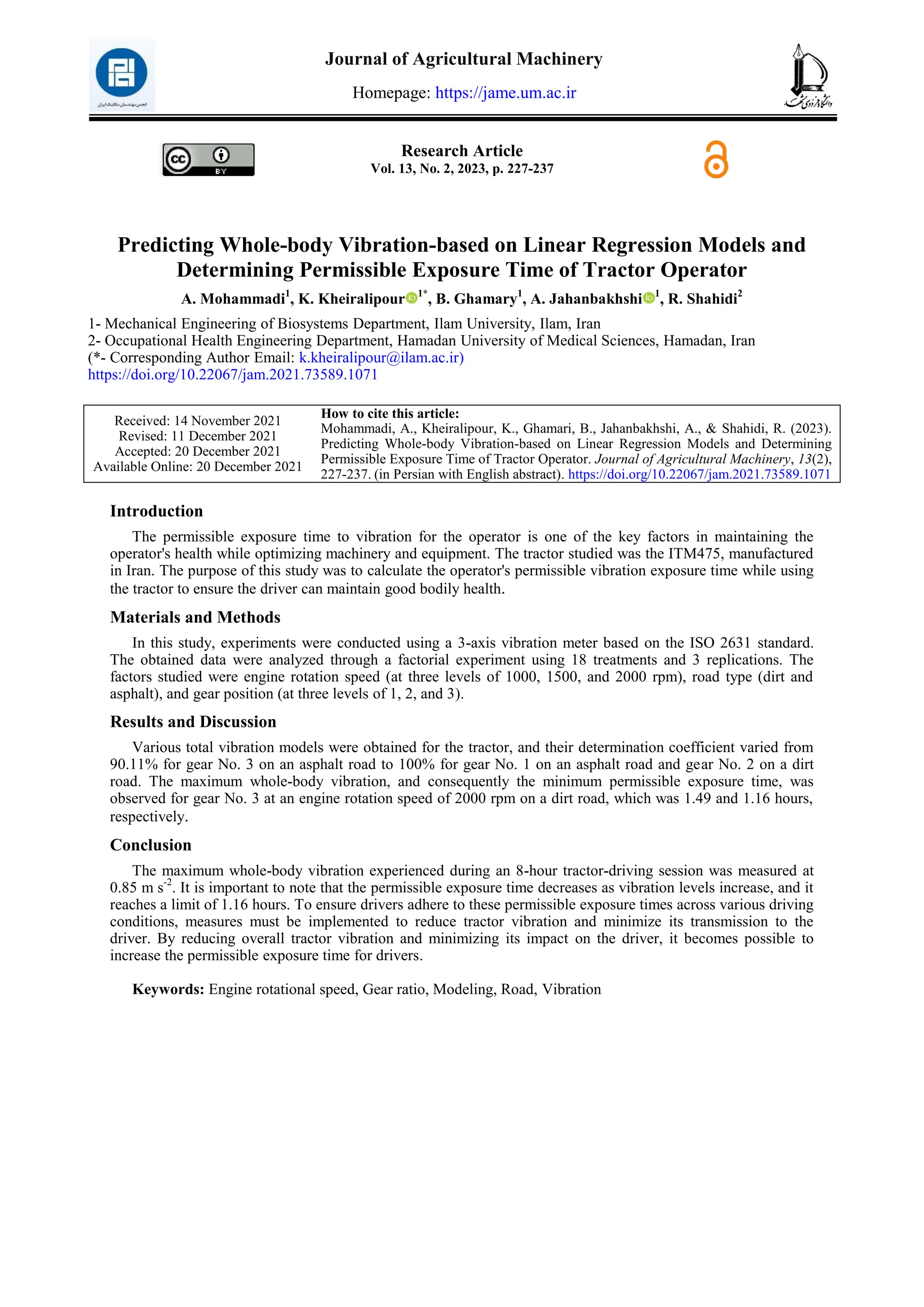 Predicting Whole-body Vibration-based on Linear Regression Models and Determining Permissible ...