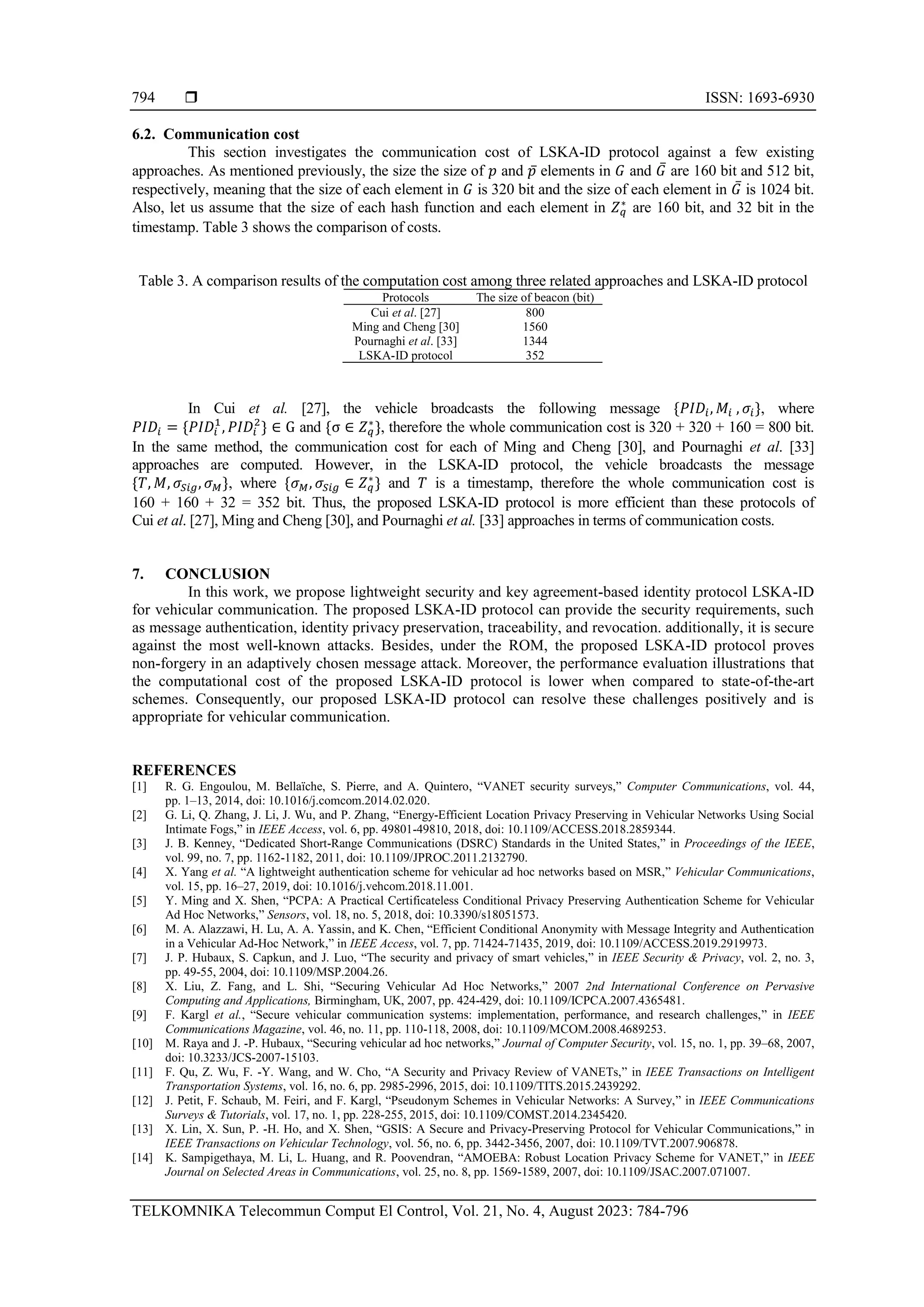 LSKA-ID: A lightweight security and key agreement protocol based on an identity for vehicular ...