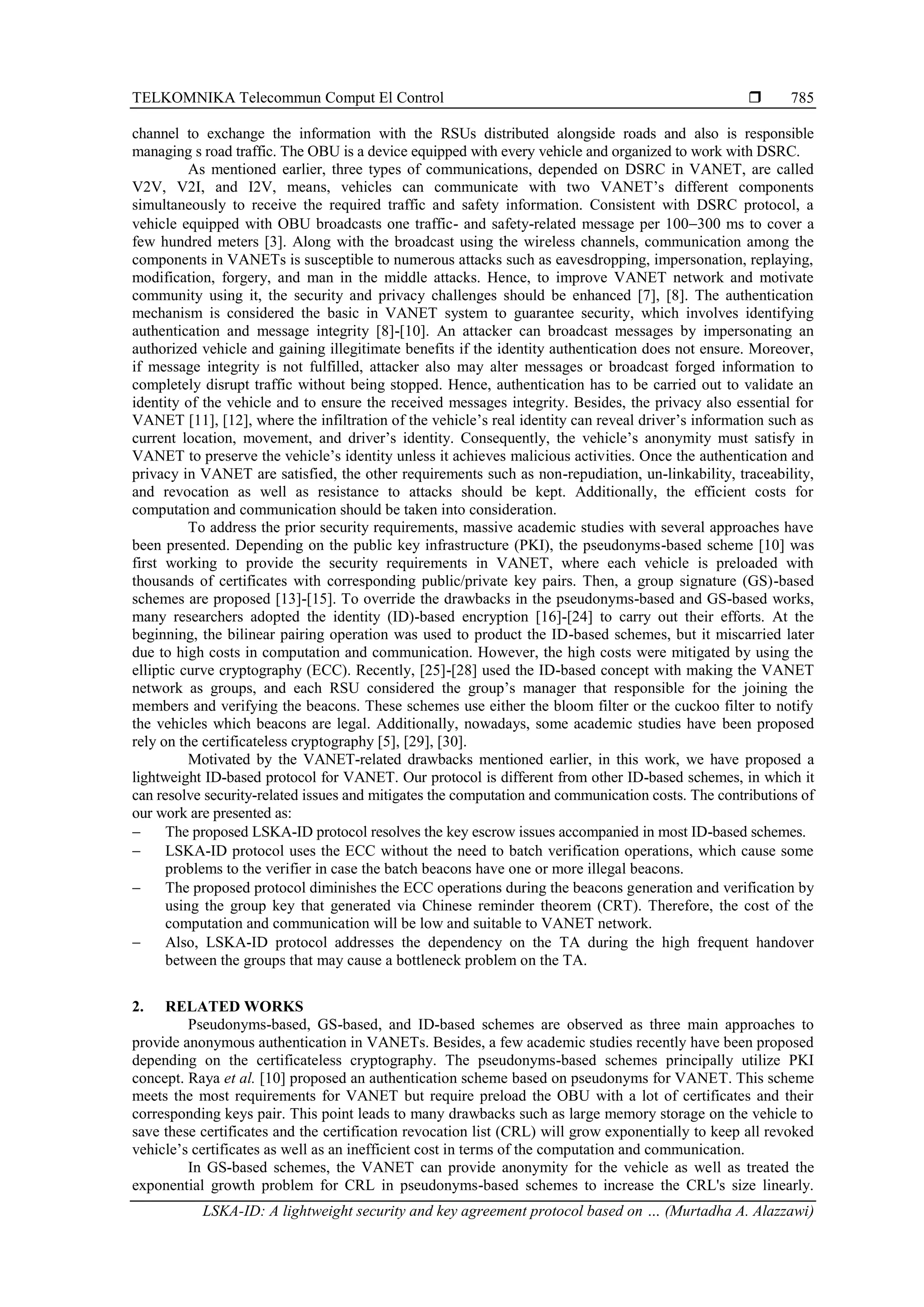 LSKA-ID: A lightweight security and key agreement protocol based on an identity for vehicular ...