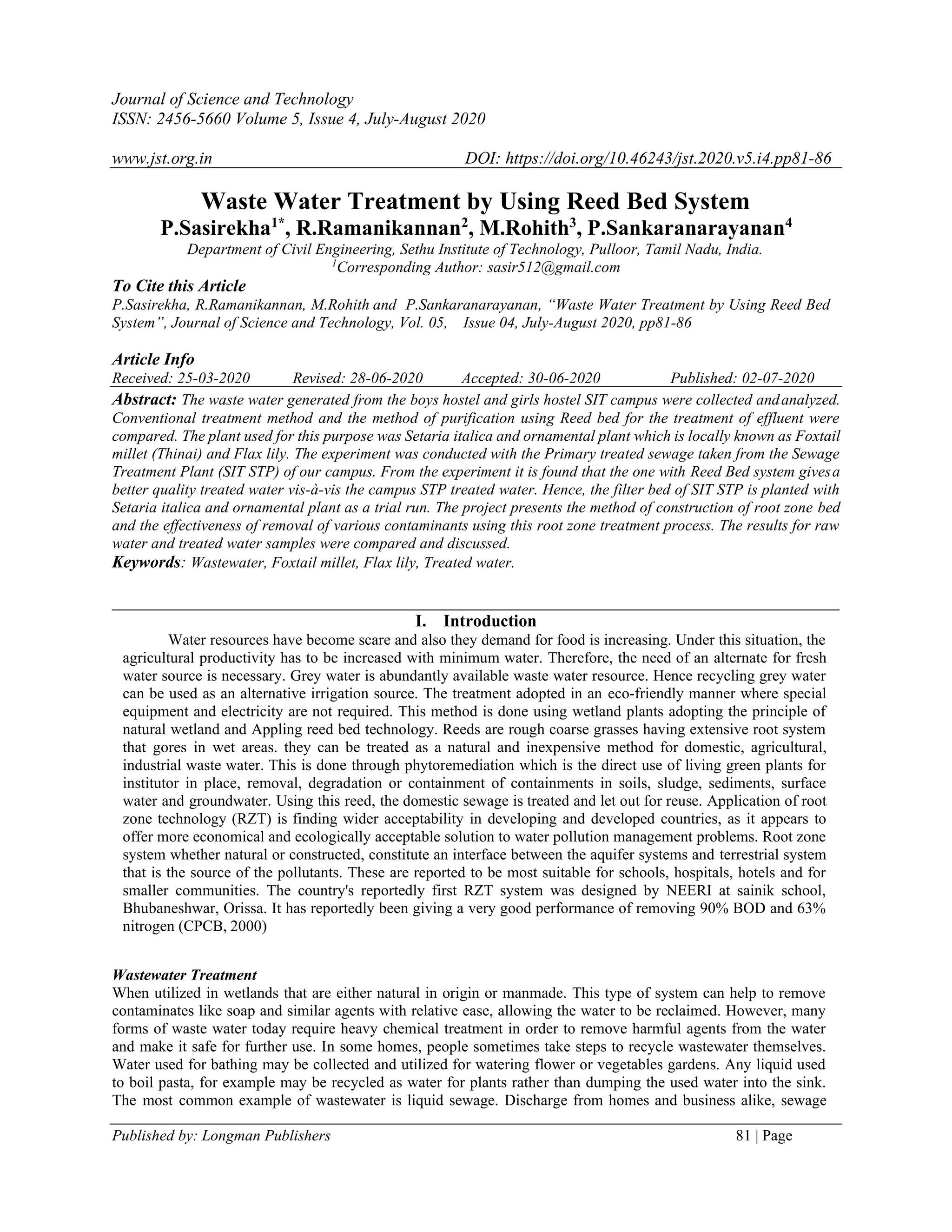 Waste Water Treatment by Using Reed Bed System | PDF
