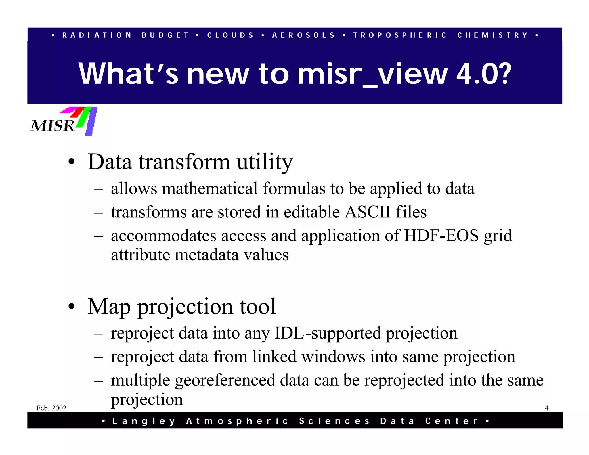 misr_view 4.0: A Tool for Visualizing MISR data | PDF