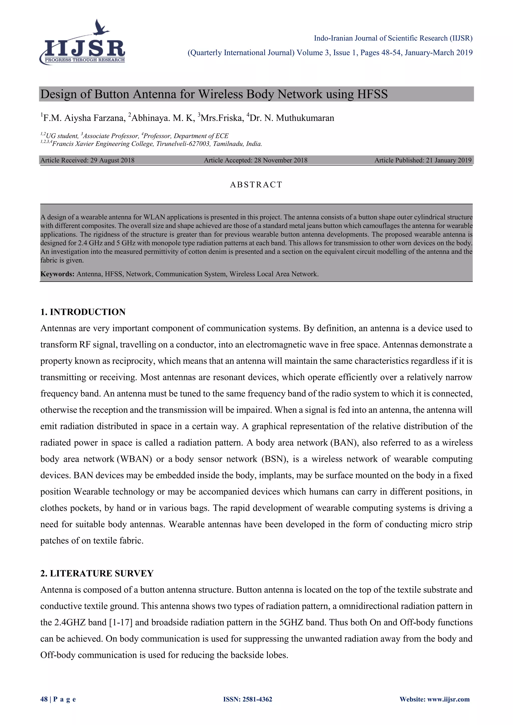 Design of Button Antenna for Wireless Body Network using HFSS | PDF