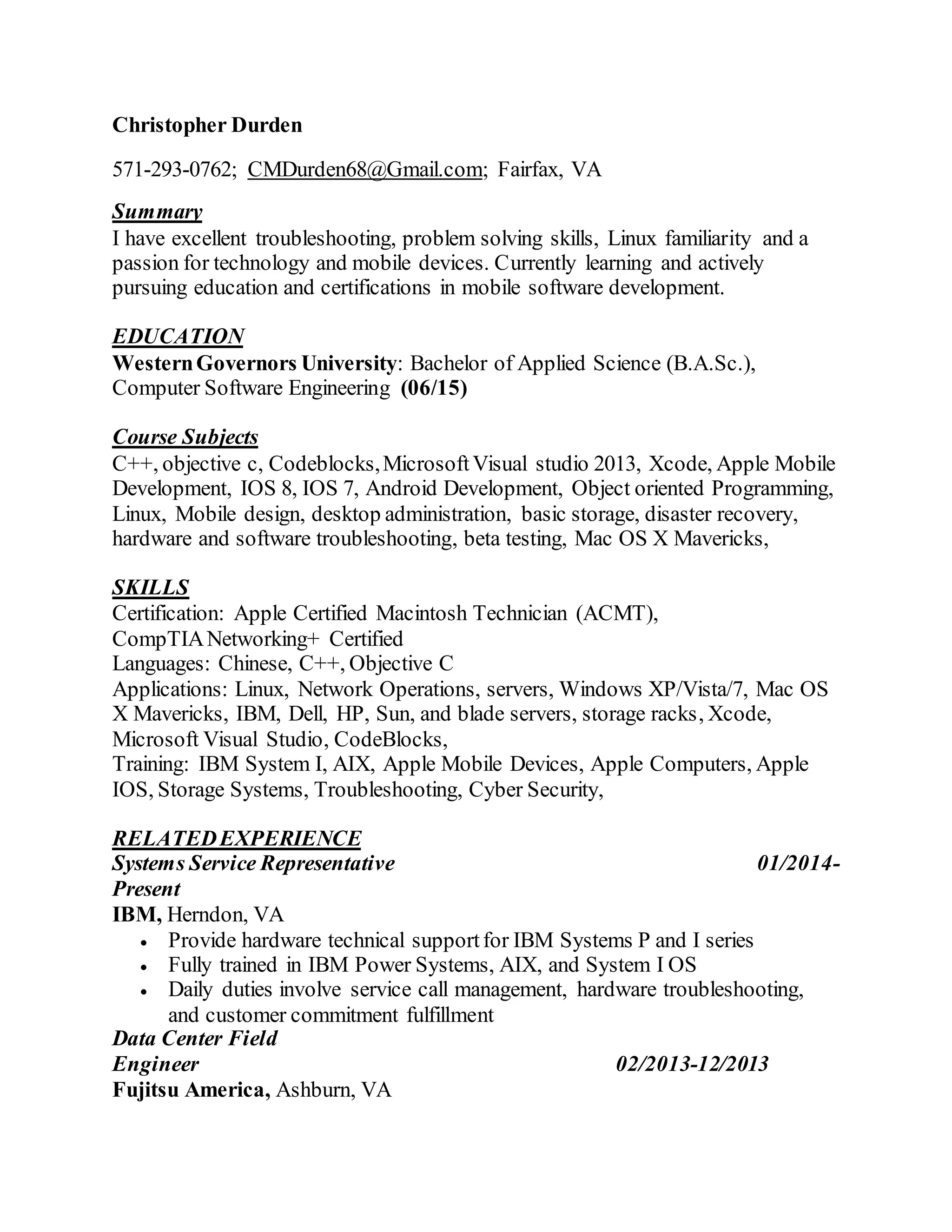 Resume - Chris Durden | DOCX | Operating Systems | Computer Software and Applications