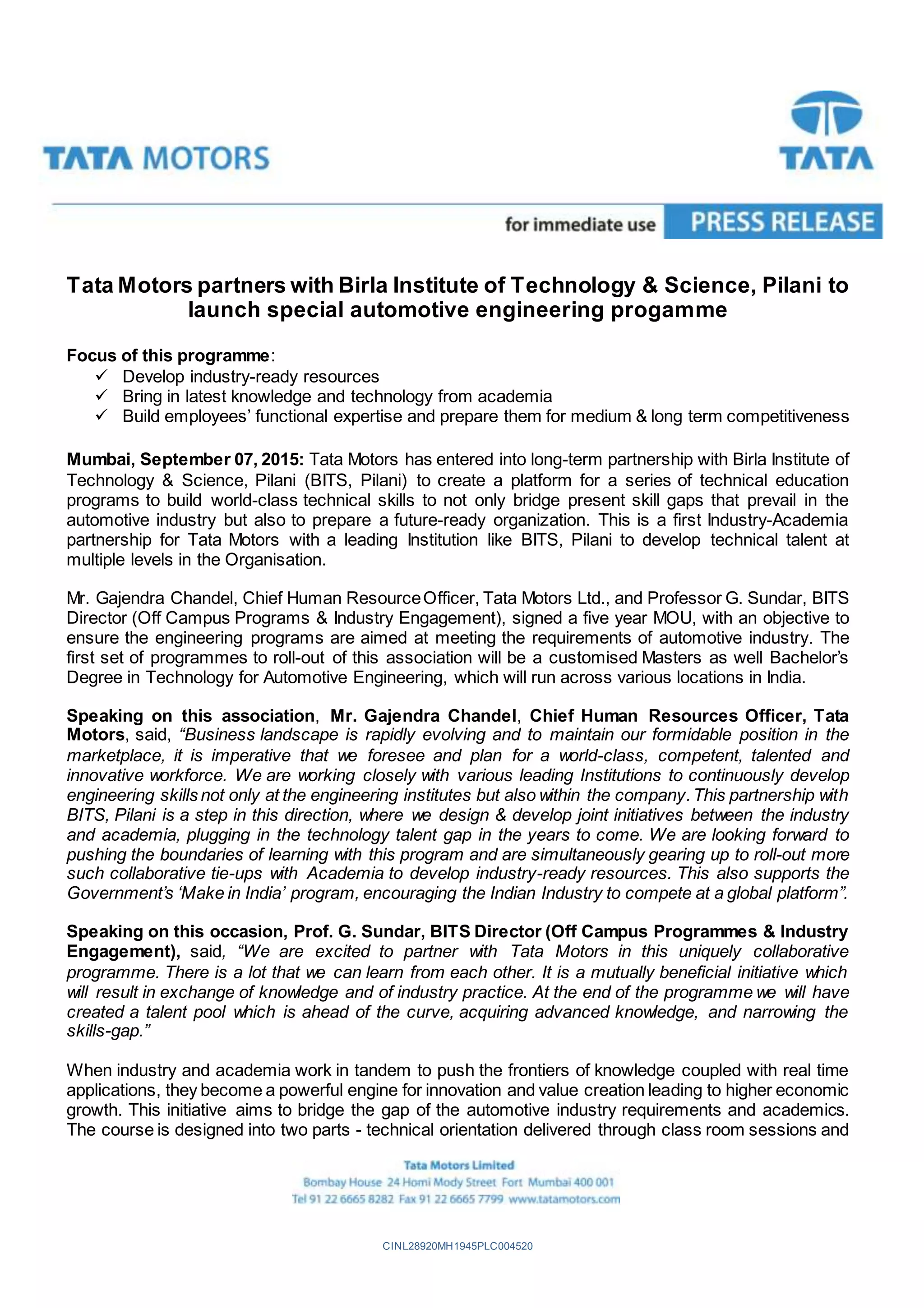 Tata Motors partners with BITS Pilani - Press Release | DOCX