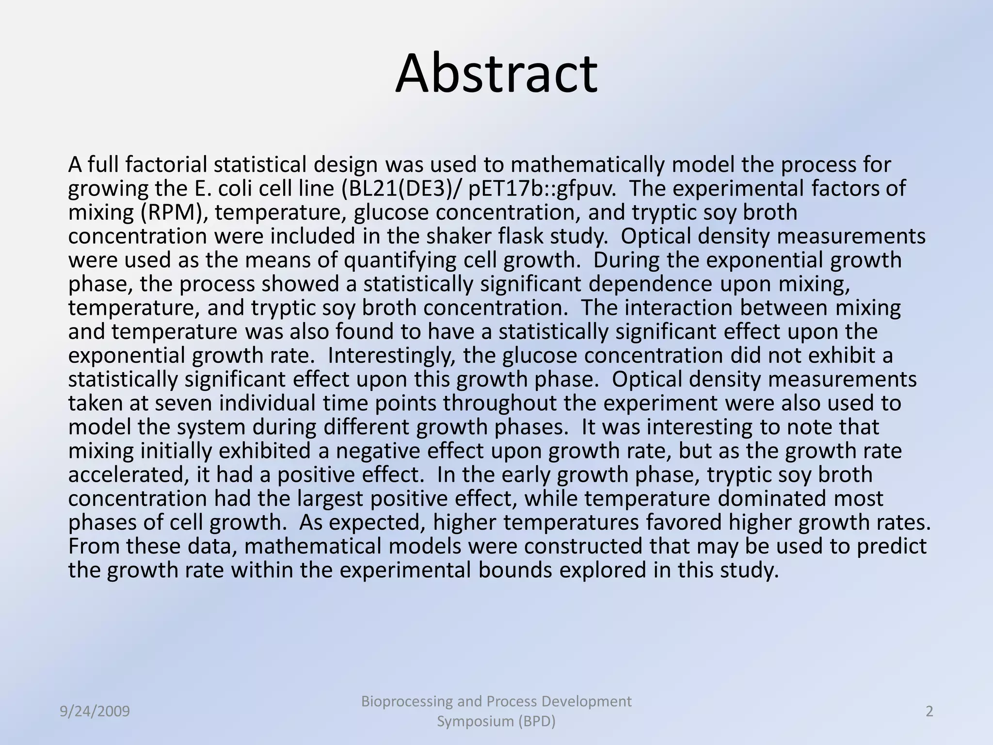 The Application of Statistical Design of Experiments for Mathematical Modeling of a Bacterial ...