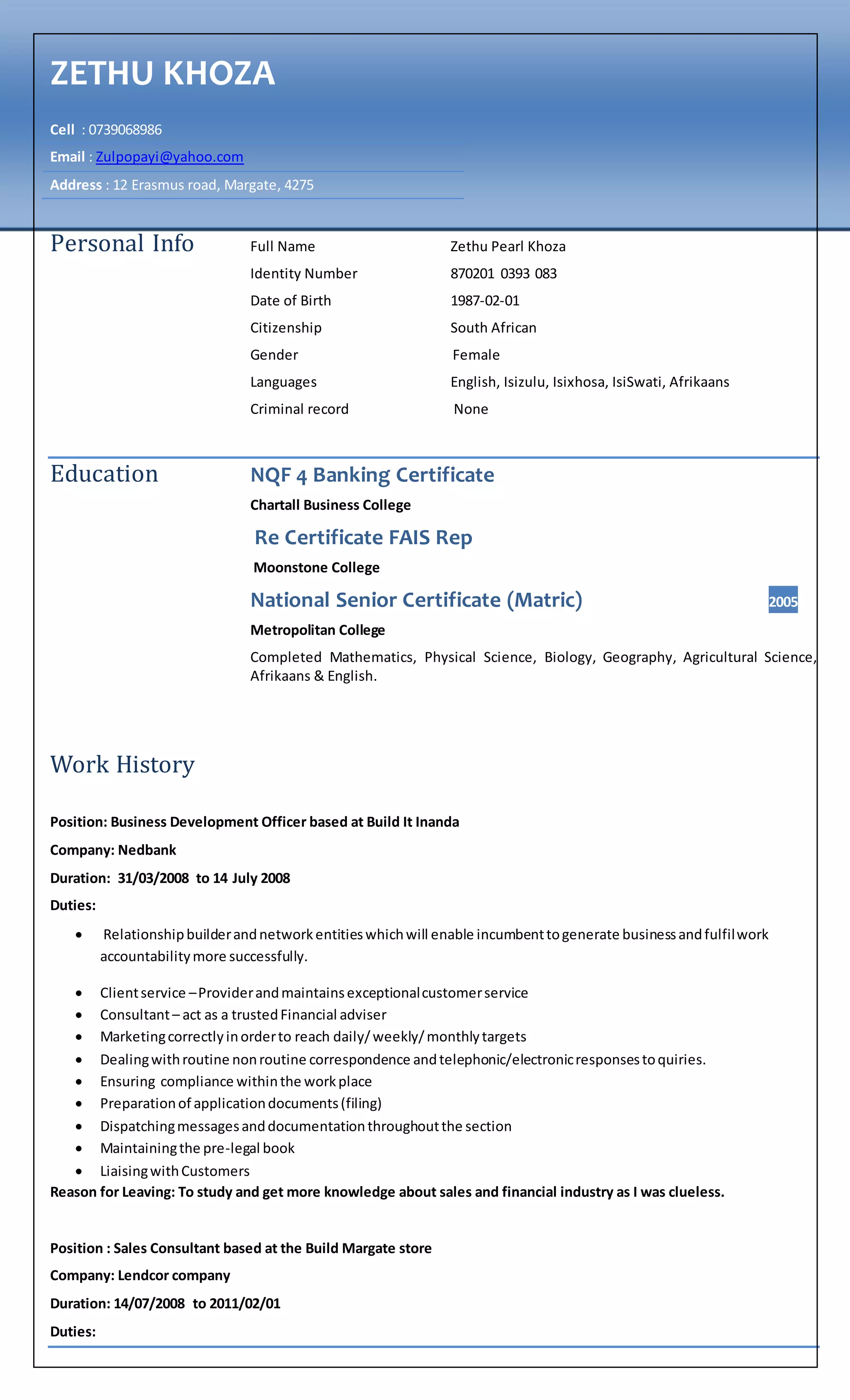 Zethu's CV | DOCX