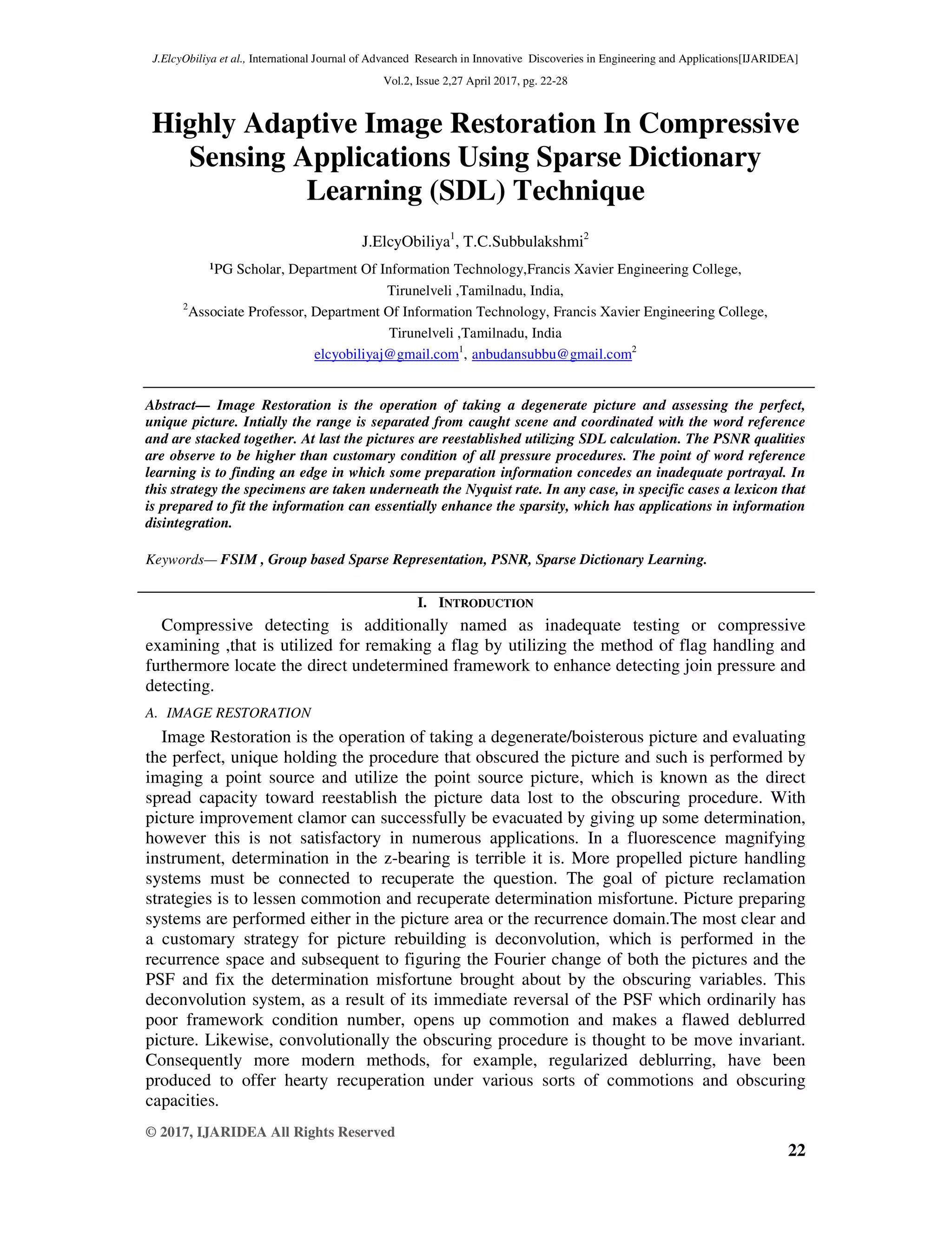 Highly Adaptive Image Restoration In Compressive Sensing Applications Using Sparse Dictionary ...