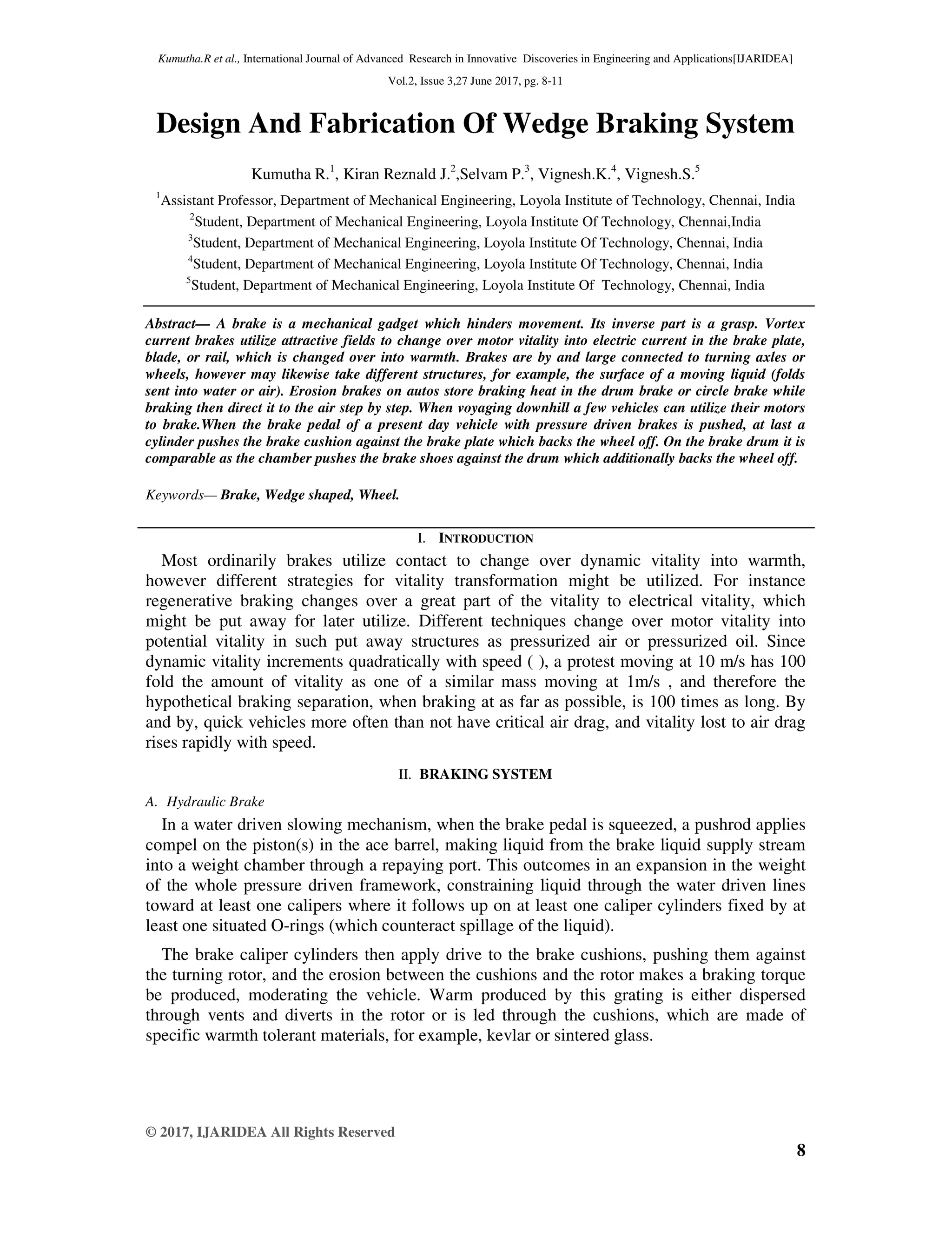 Design And Fabrication Of Wedge Braking System | PDF