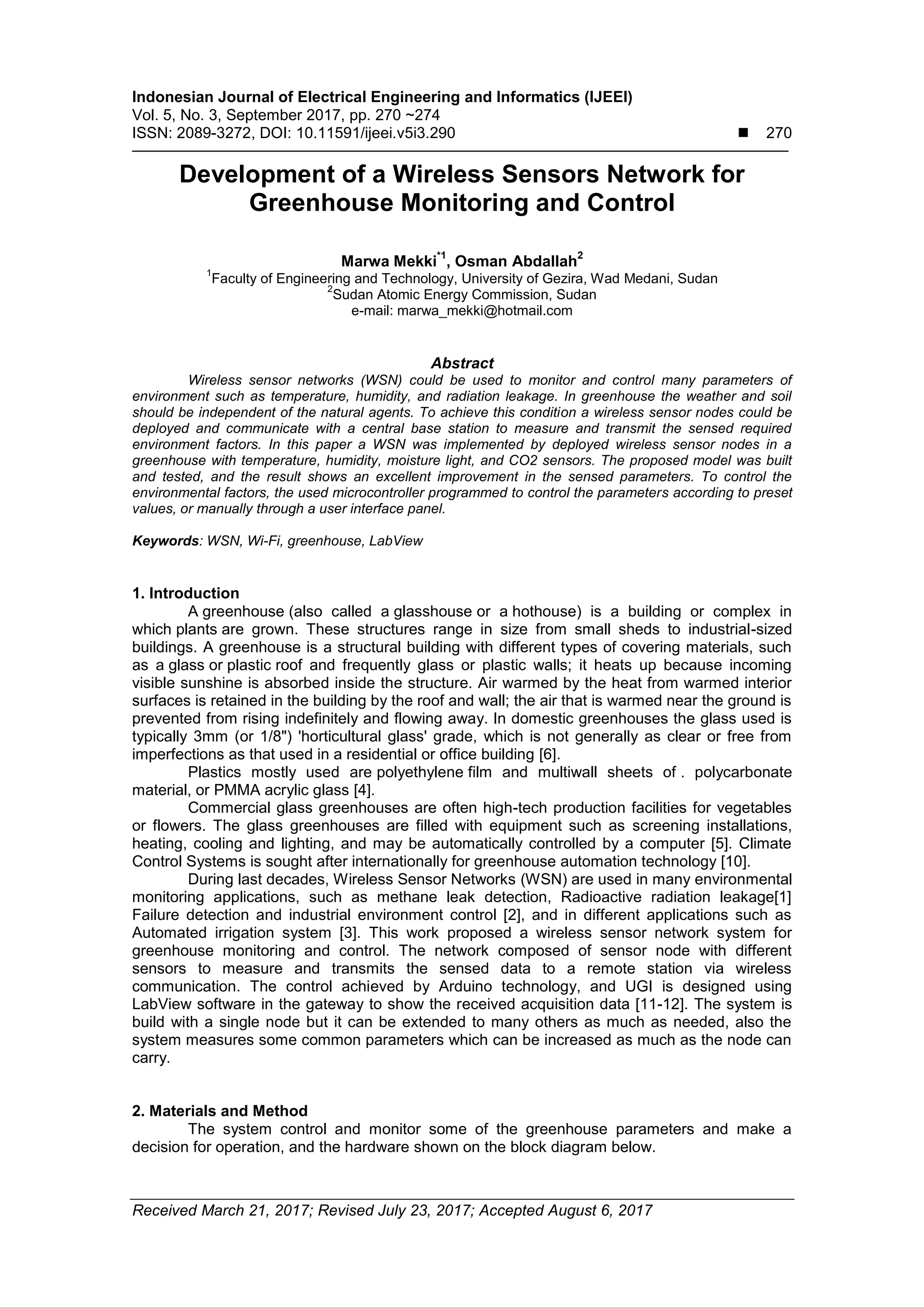 Development Of A Wireless Sensors Network For Greenhouse Monitoring And