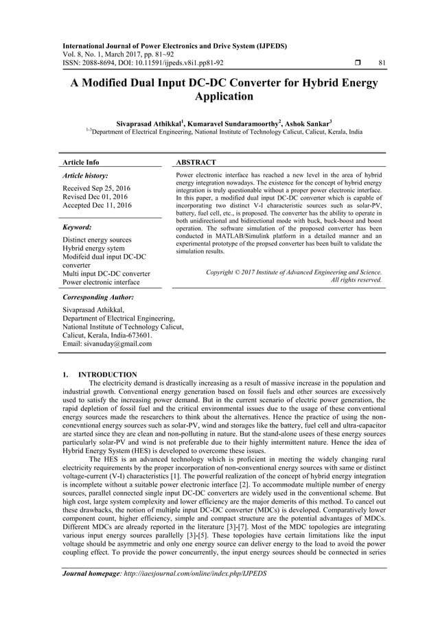 A Modified Dual Input DC-DC Converter for Hybrid Energy Application | PDF