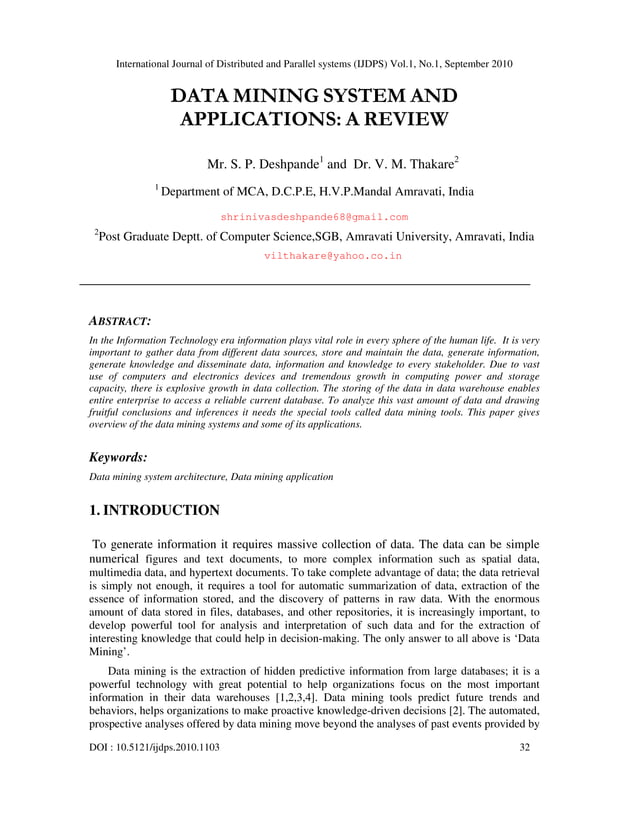Data Mining System and Applications: A Review | PDF