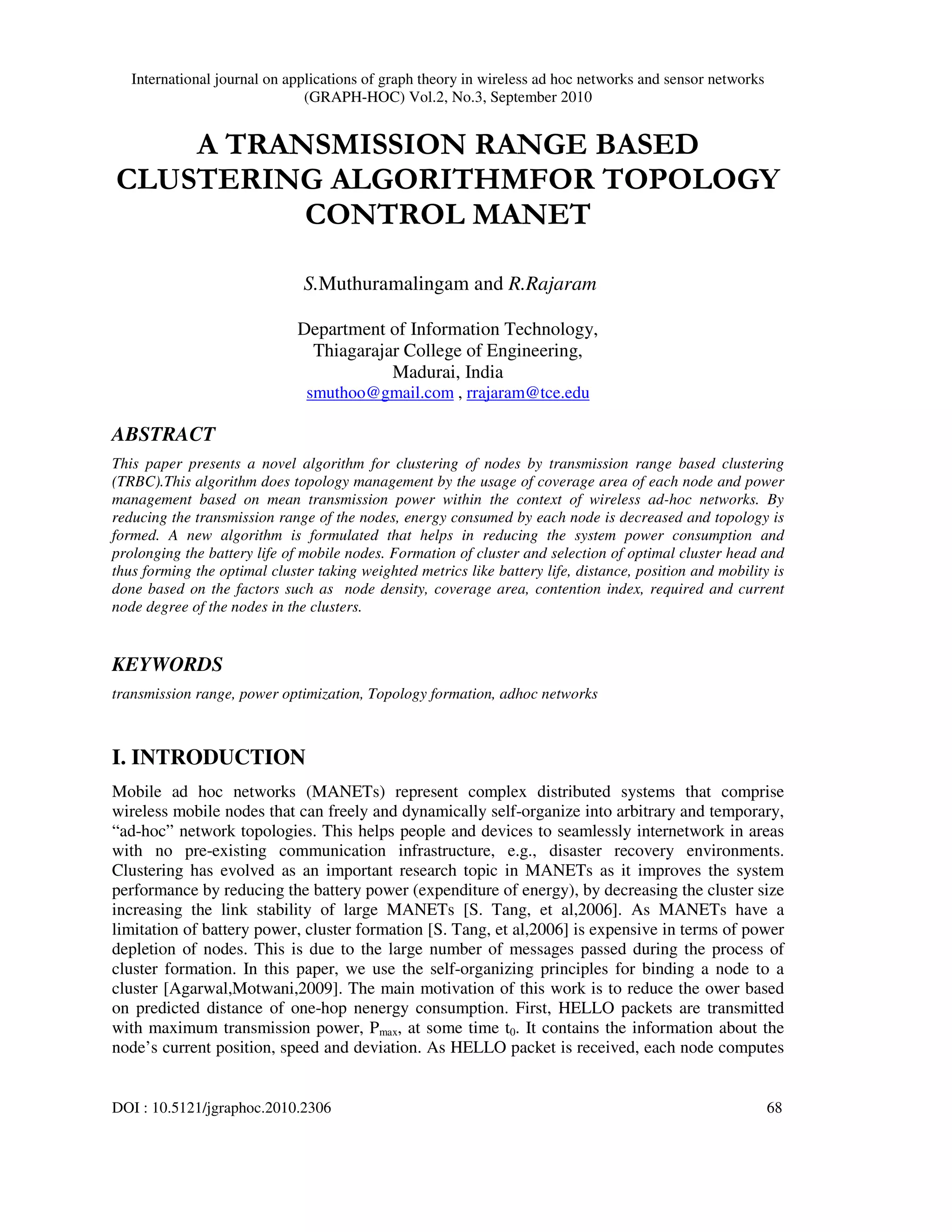 A Transmission Range Based Clustering Algorithm For Topology Control Manet Pdf