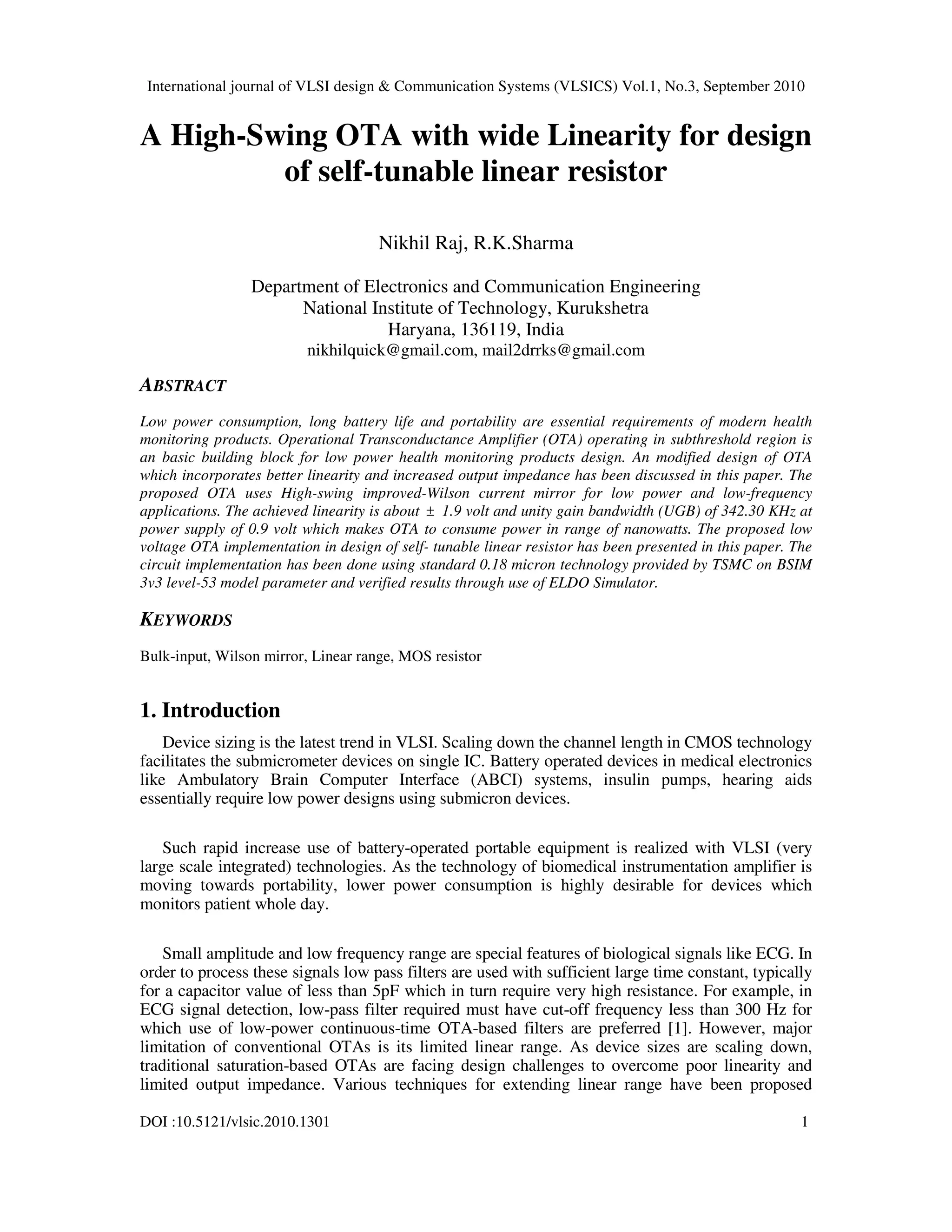 A High-Swing OTA with wide Linearity for design of self-tunable linear ...