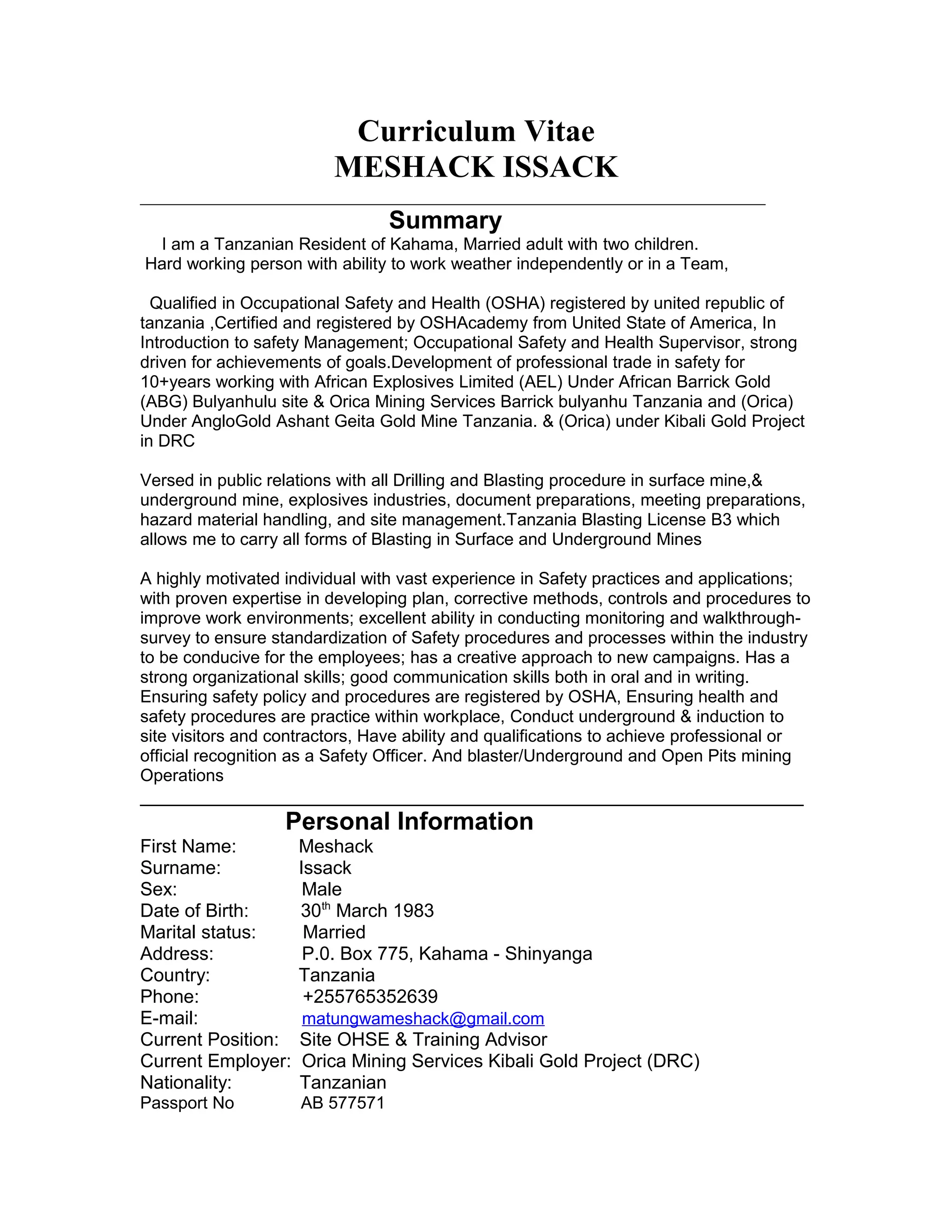 MESHACK ISSACK CV | DOC | Business | Business and Finance