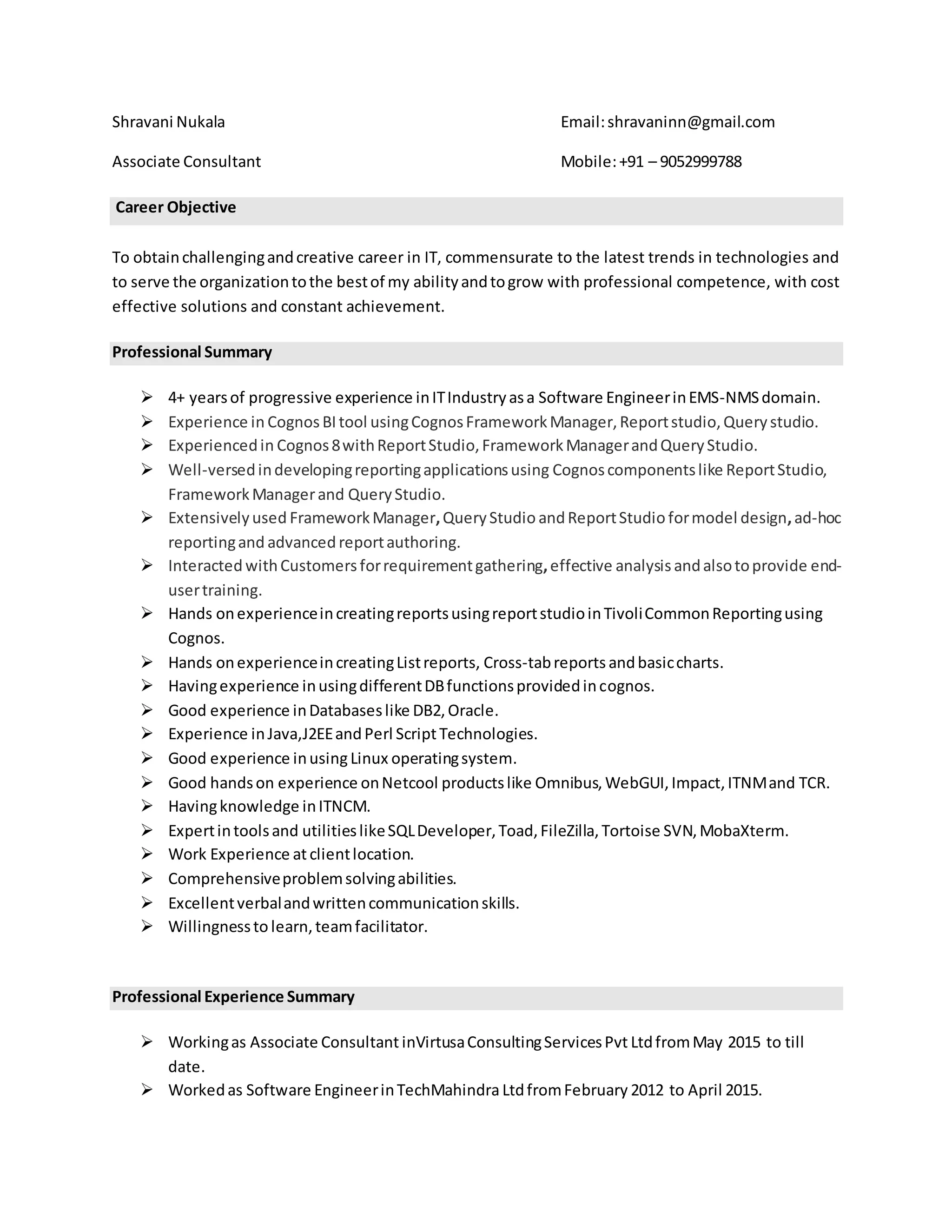 Shravani_Nukala_Cognos Developer | PDF