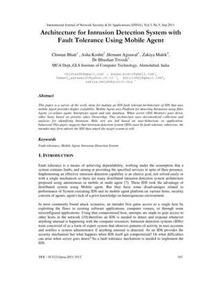 Architecture for Intrusion Detection System with Fault Tolerance Using Mobile Agent | PDF