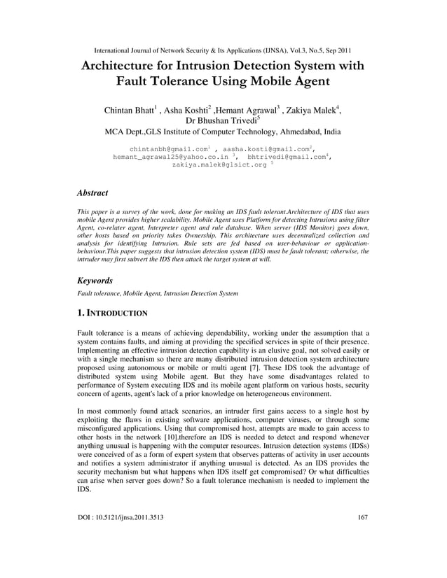 Architecture For Intrusion Detection System With Fault Tolerance Using