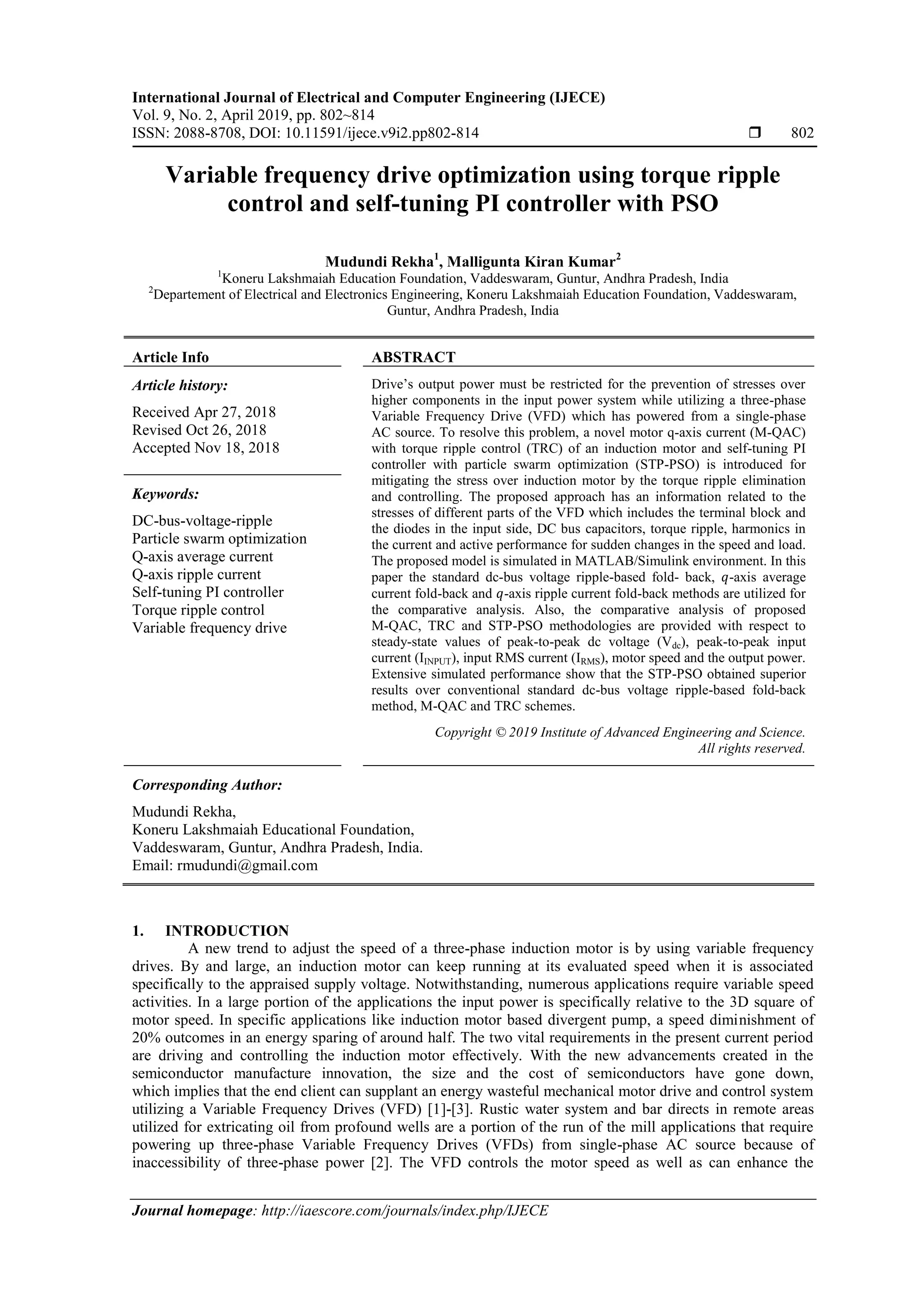 Variable Frequency Drive Optimization Using Torque Ripple Control And Self Tuning Pi Controller