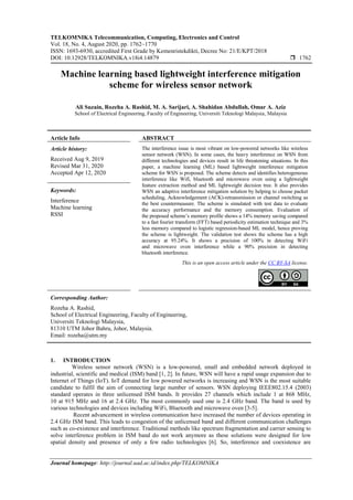 Machine learning based lightweight interference mitigation scheme for wireless sensor network | PDF