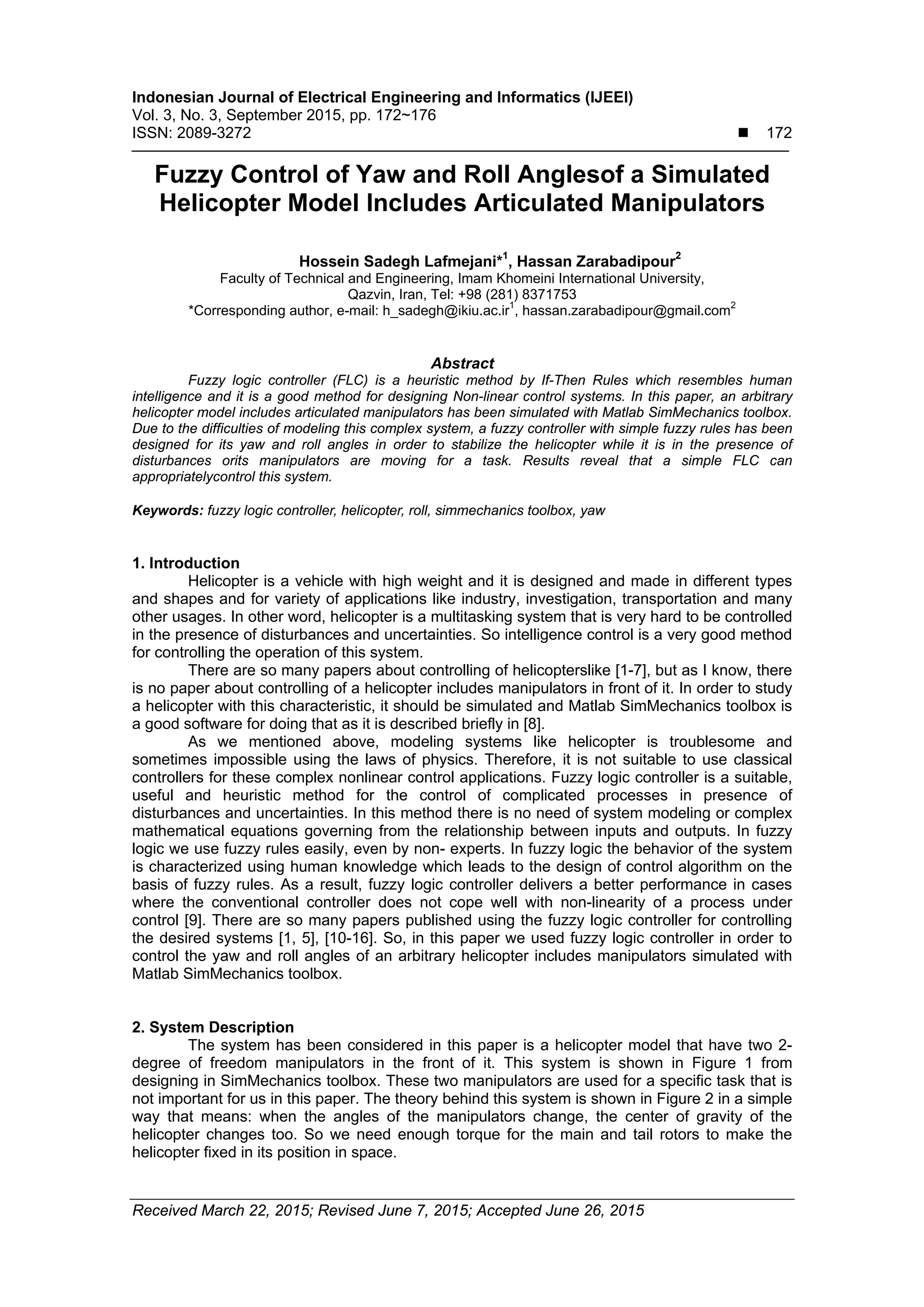 Fuzzy Control of Yaw and Roll Angles of a Simulated Helicopter Model ...