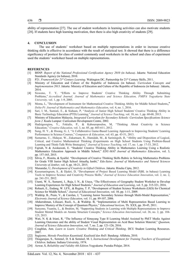 The Effectiveness of Students’ Worksheet Based on Multiple Representations to Increase Creative ...