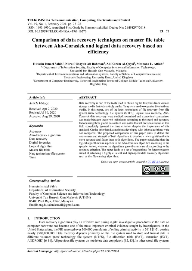 Comparison of data recovery techniques on master file table between Aho-Corasick and logical ...