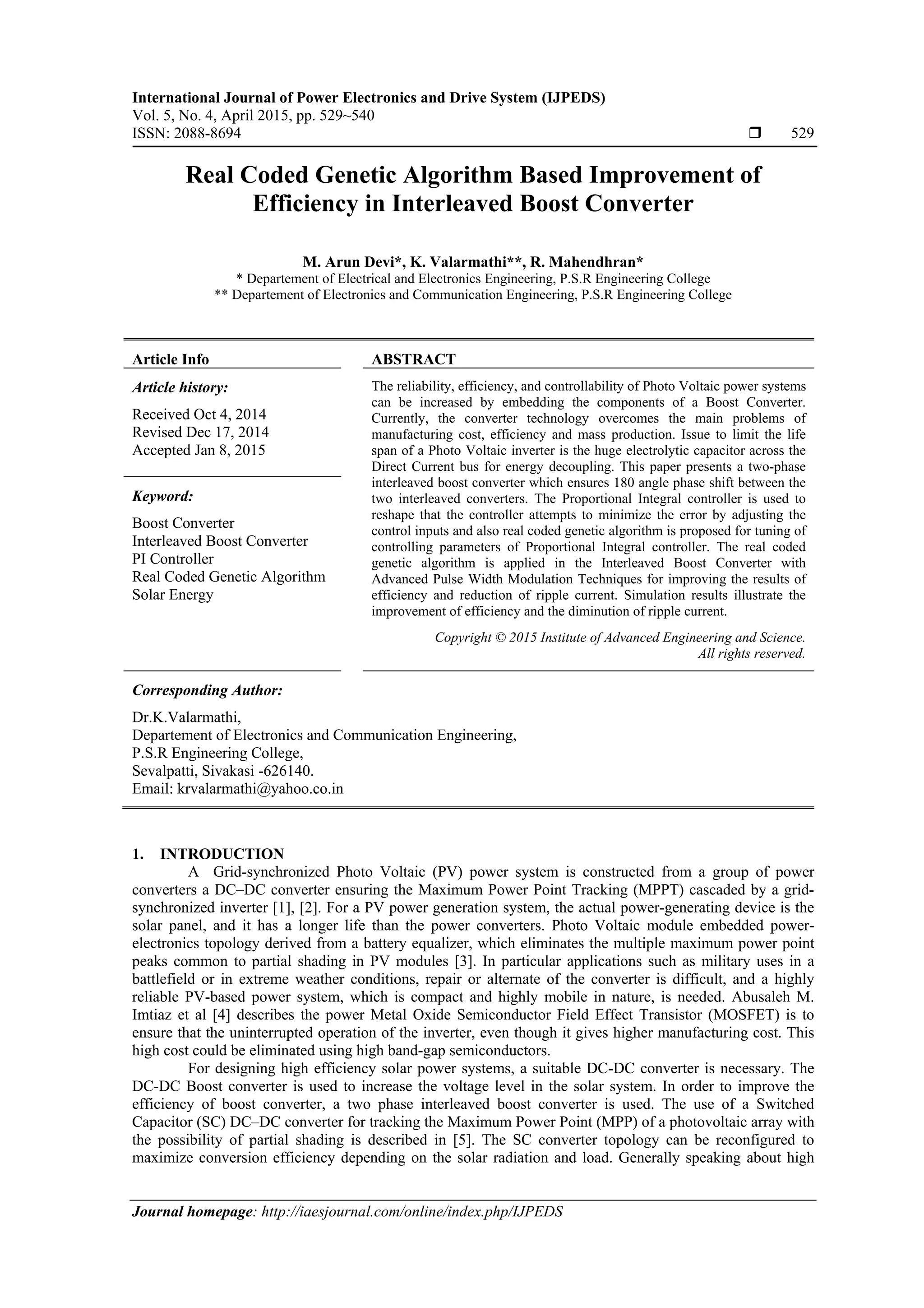 Real Coded Genetic Algorithm Based Improvement of Efficiency in Interleaved Boost Converter | PDF