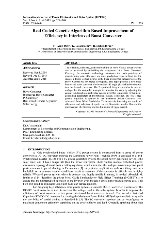 Real Coded Genetic Algorithm Based Improvement Of Efficiency In Interleaved Boost Converter Pdf