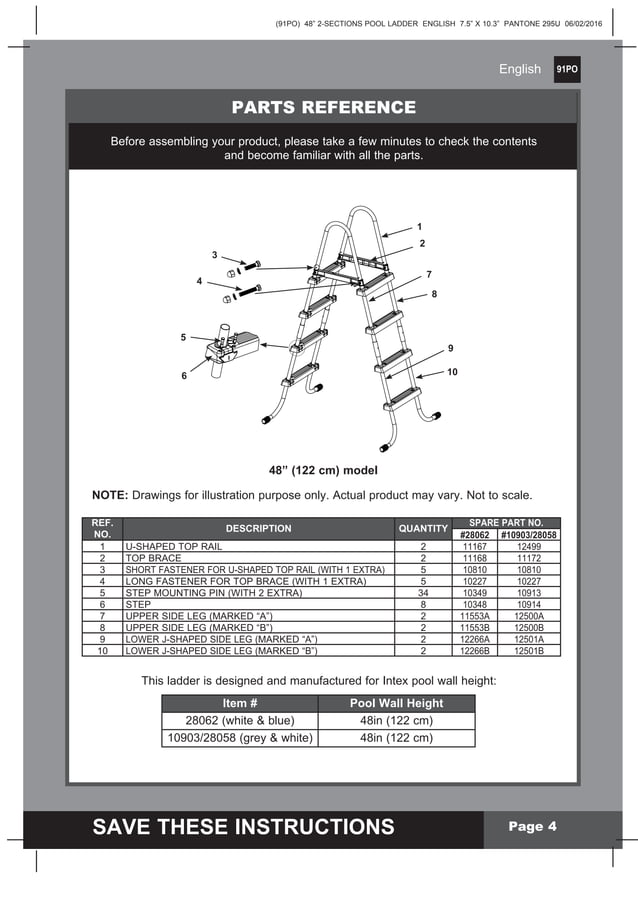 Intex pool ladder manual for 48 inch swimming pools | PDF