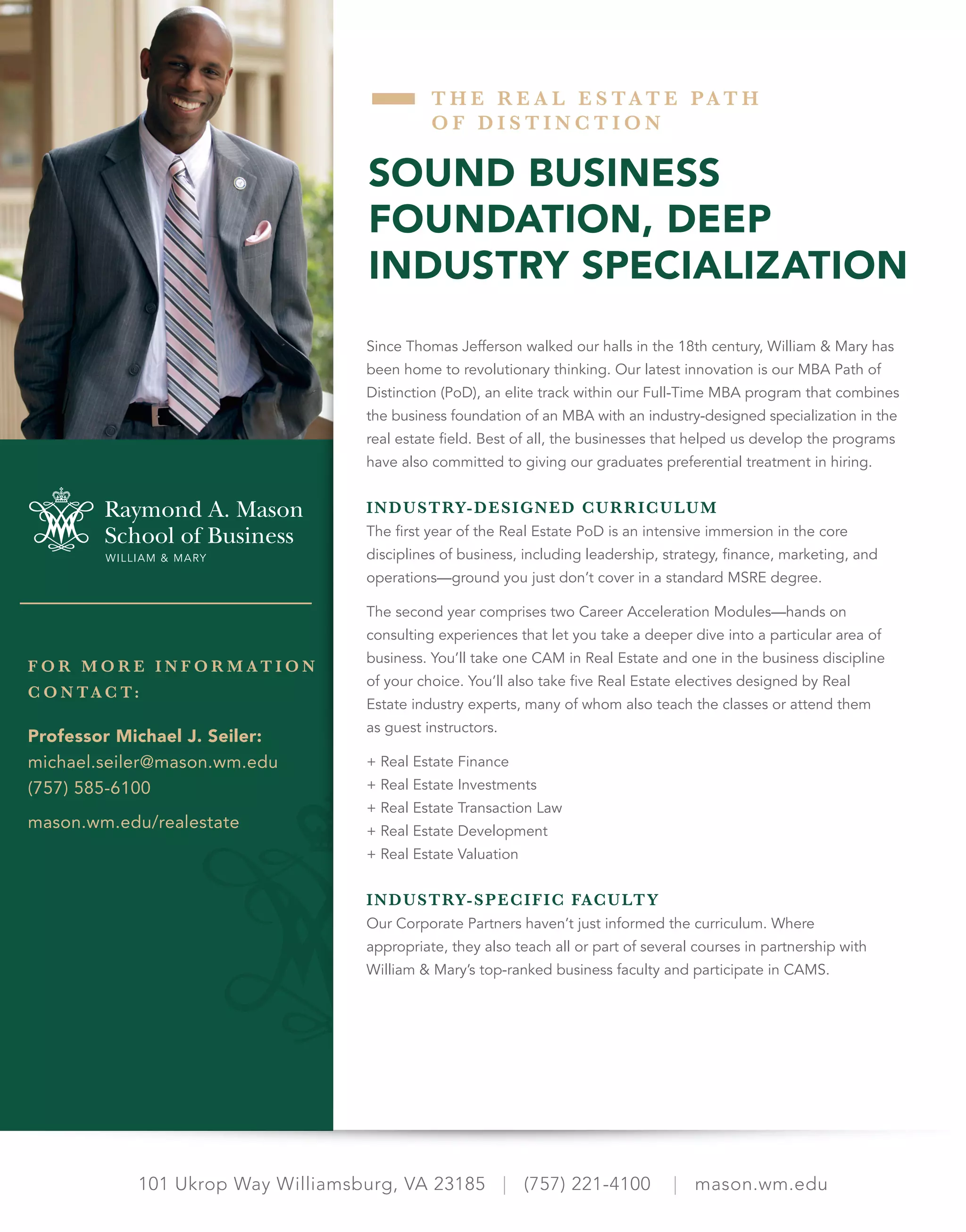 William and Mary - MBA Real Estate Path of Distinction - Flyer | PDF
