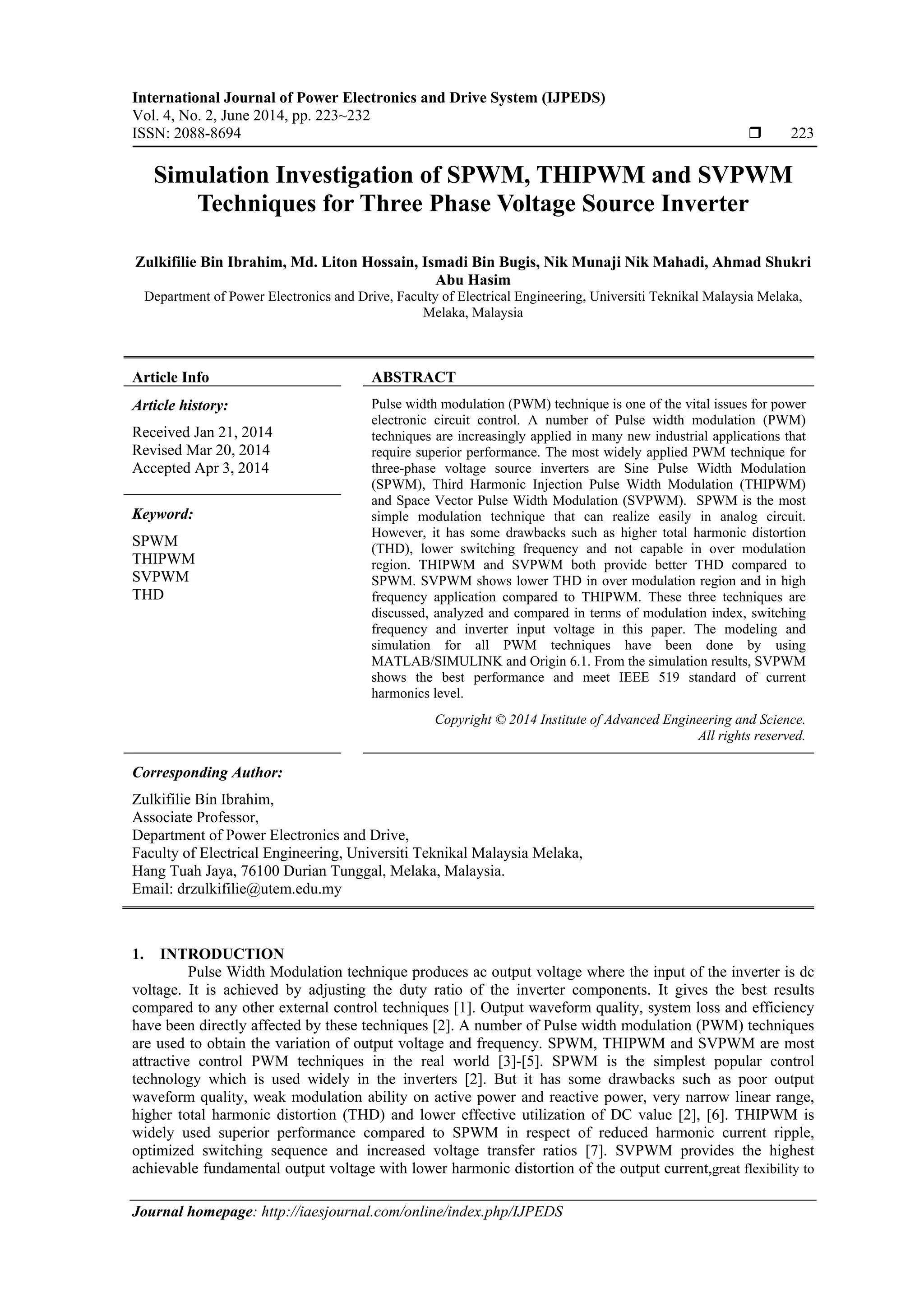 Simulation Investigation of SPWM, THIPWM and SVPWM Techniques for Three Phase Voltage Source ...