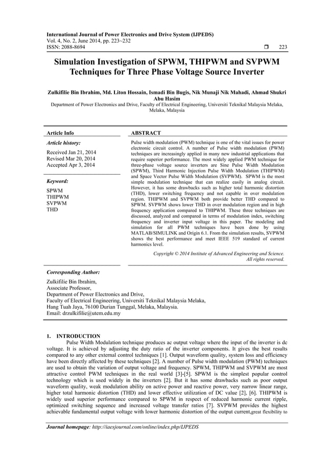 Simulation Investigation of SPWM, THIPWM and SVPWM Techniques for Three Phase Voltage Source ...