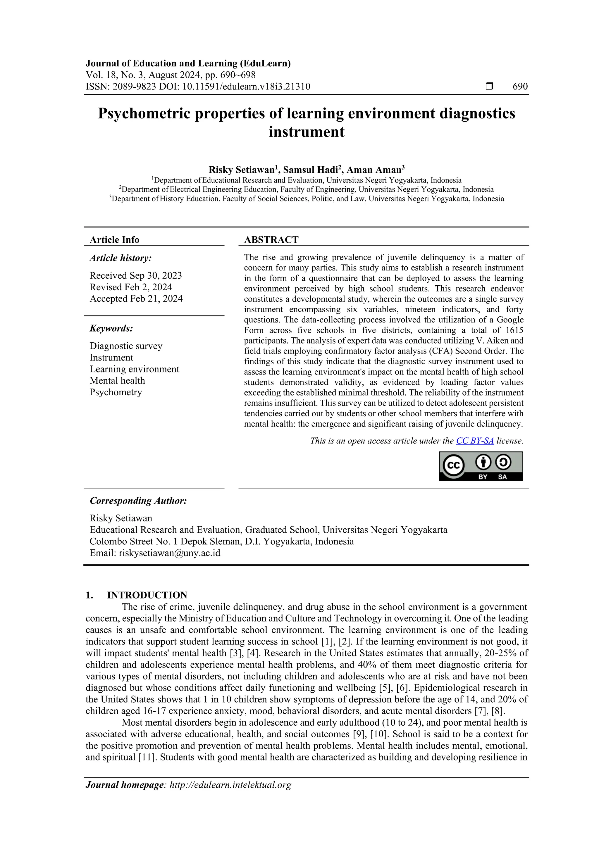 Psychometric properties of learning environment diagnostics instrument ...