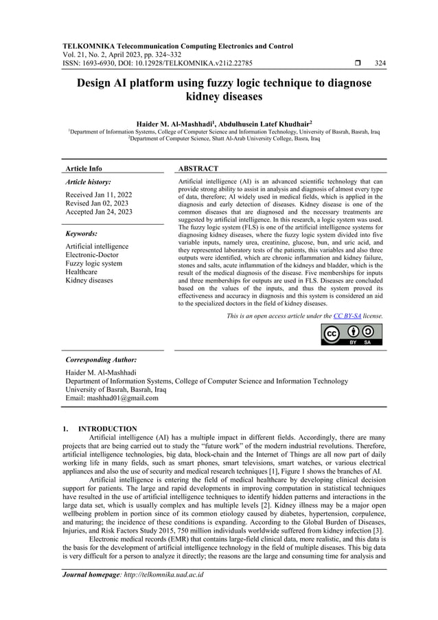 Design AI platform using fuzzy logic technique to diagnose kidney diseases | PDF