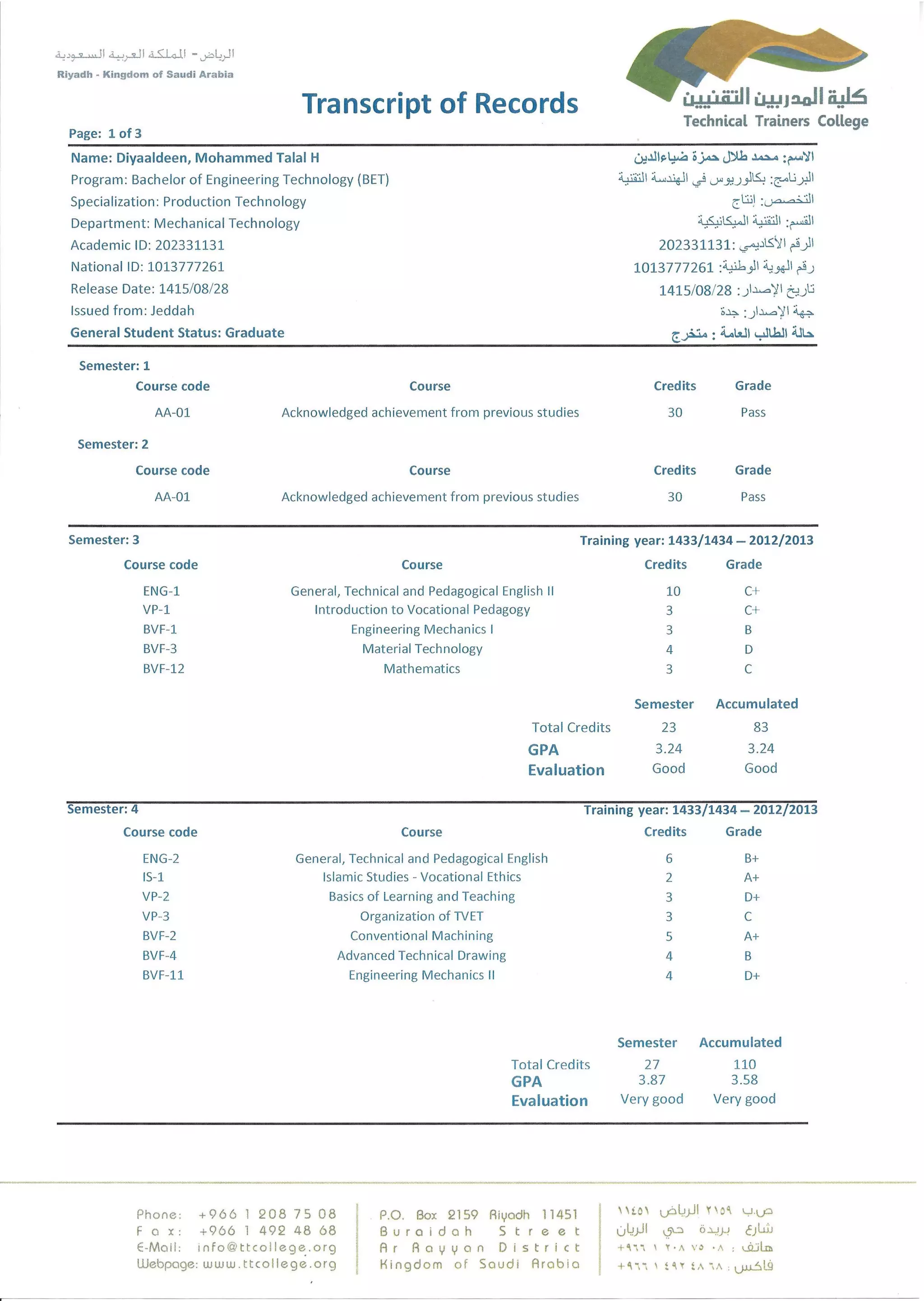 My Bachelor transcript | PDF