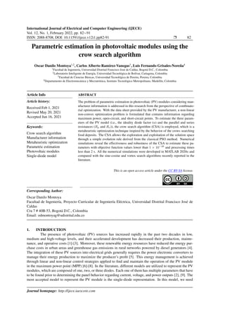 Parametric estimation in photovoltaic modules using the crow search algorithm | PDF