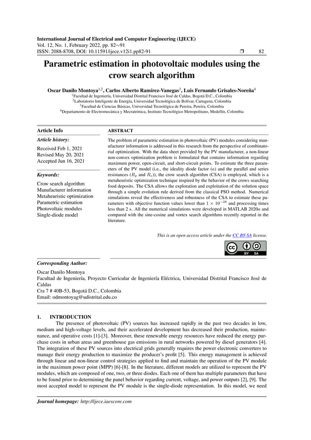 Parametric estimation in photovoltaic modules using the crow search algorithm | PDF