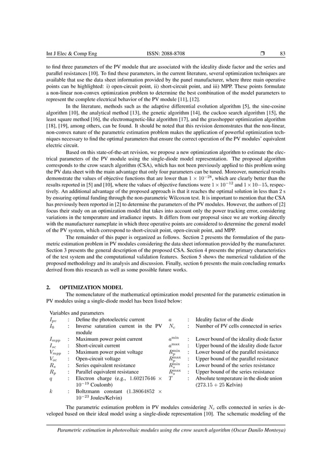 Parametric estimation in photovoltaic modules using the crow search algorithm | PDF