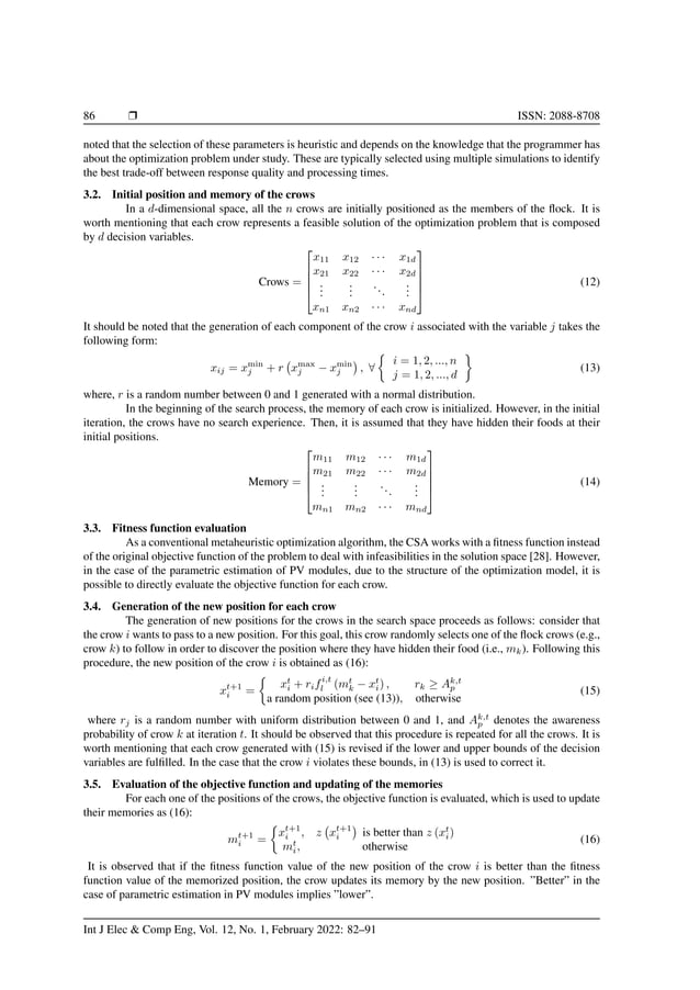 Parametric estimation in photovoltaic modules using the crow search algorithm | PDF