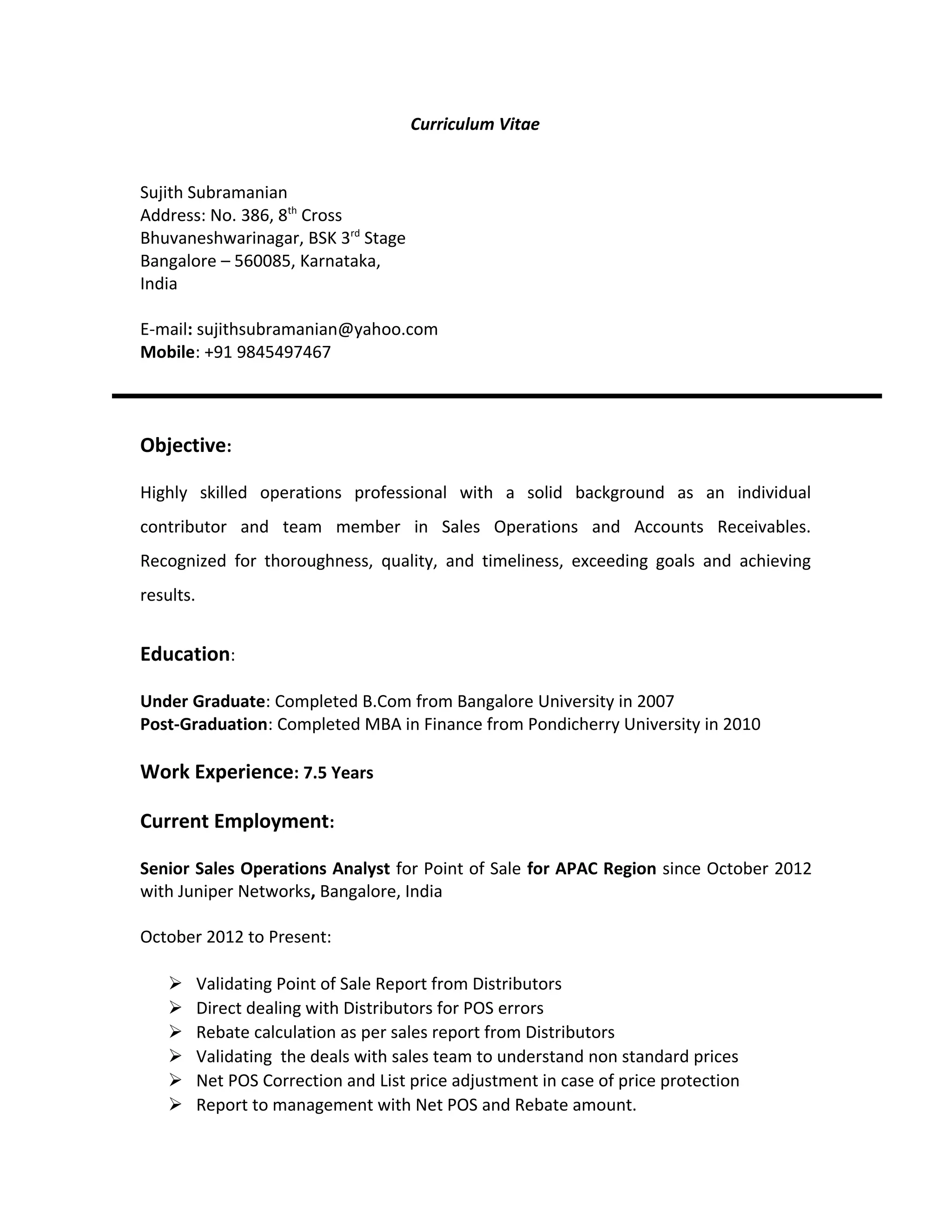 Resume Sujith Subramanian | DOC | Sales | Business
