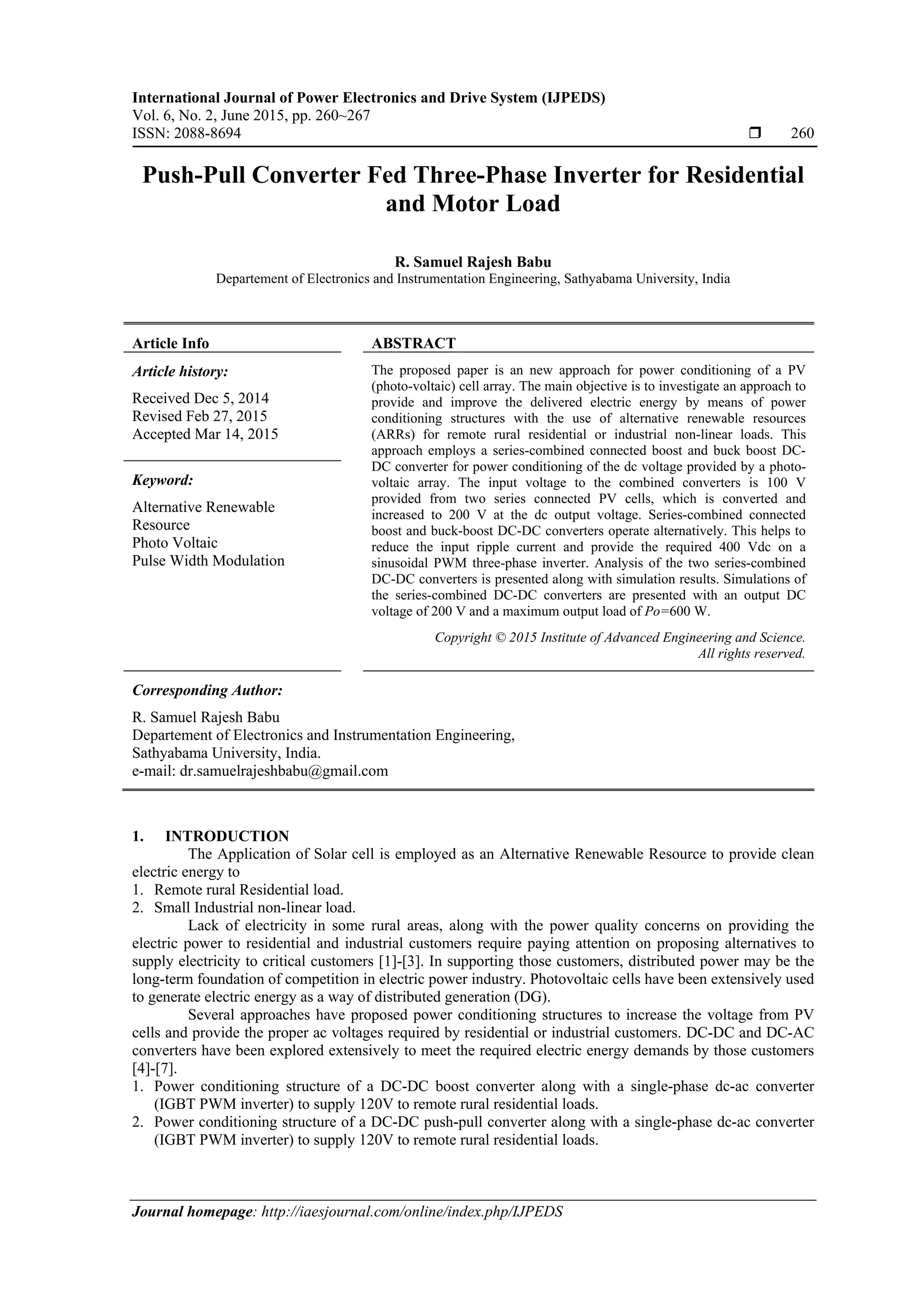 Push-Pull Converter Fed Three-Phase Inverter for Residential and Motor Load | PDF | Gas and ...