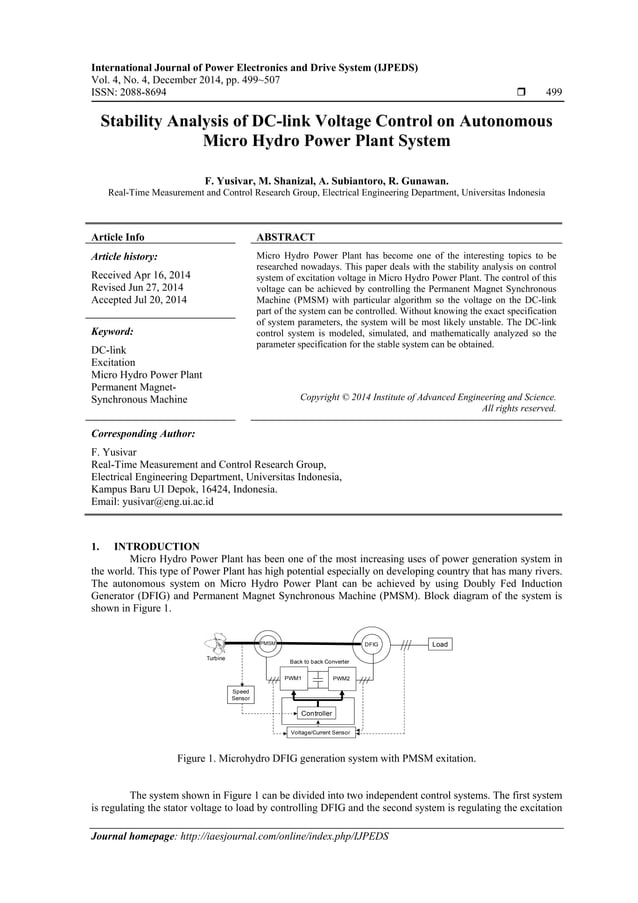 Stability Analysis of DC-link Voltage Control on Autonomous Micro Hydro Power Plant System | PDF