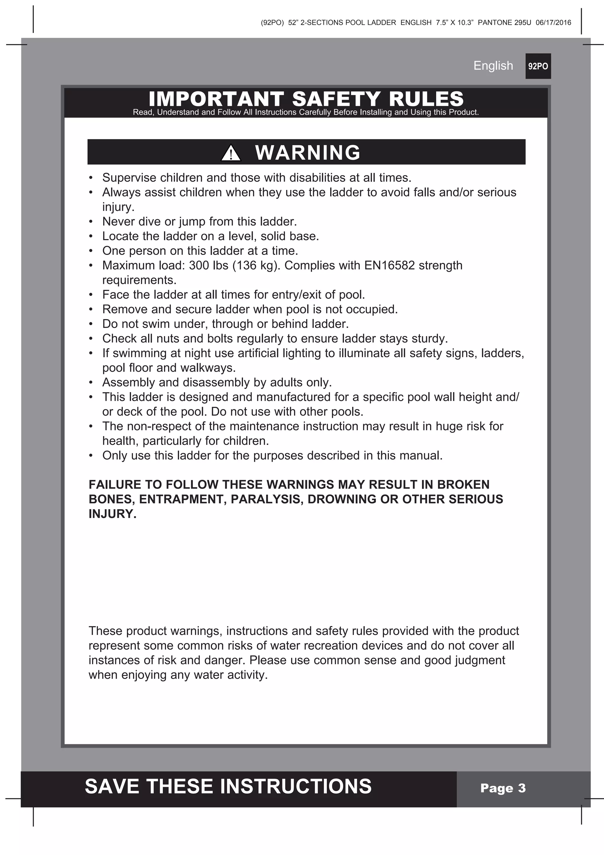 Intex 52 inch swimming pool ladder manual | PDF