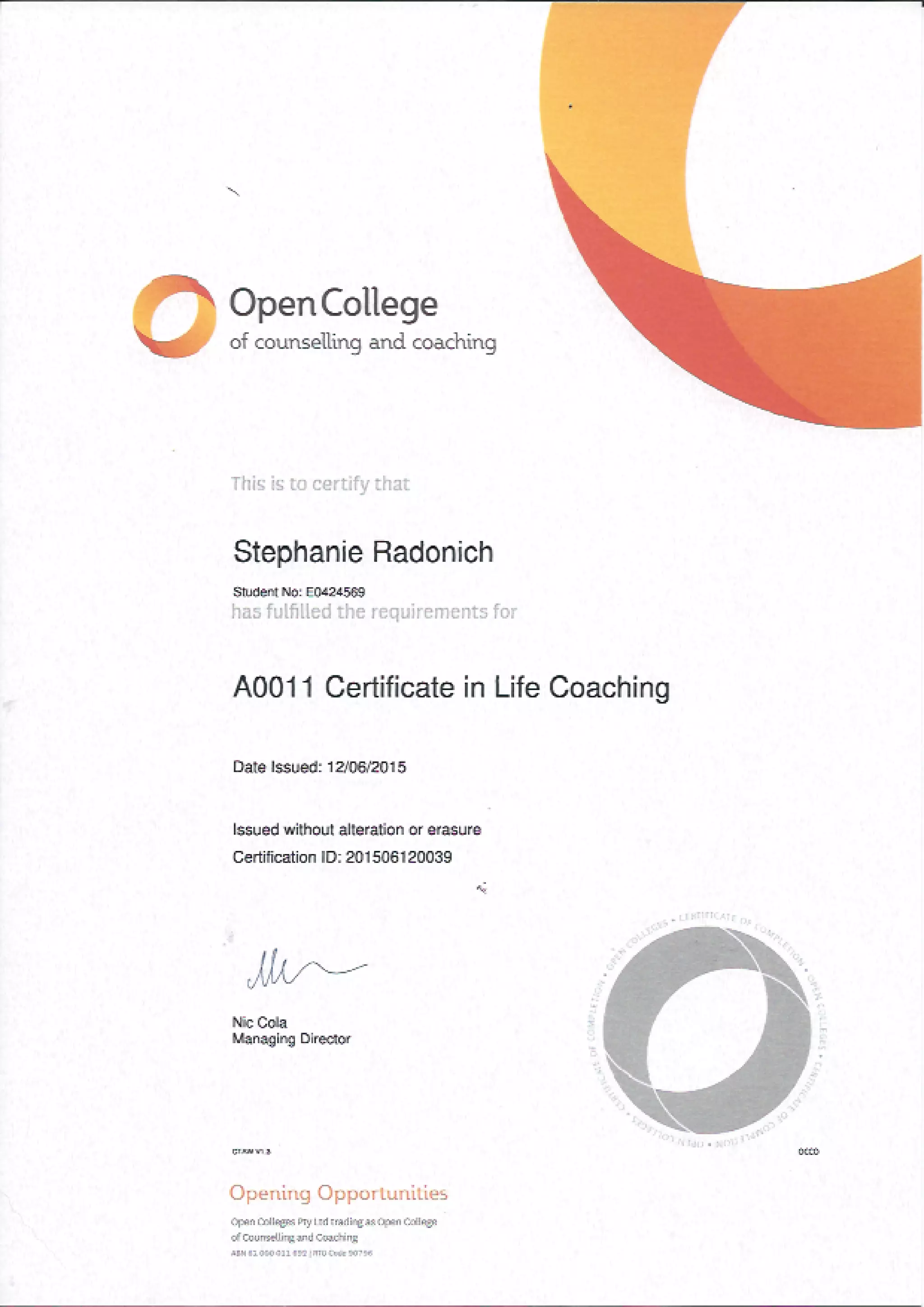 Open Colleges certificate colour 2015 | PDF