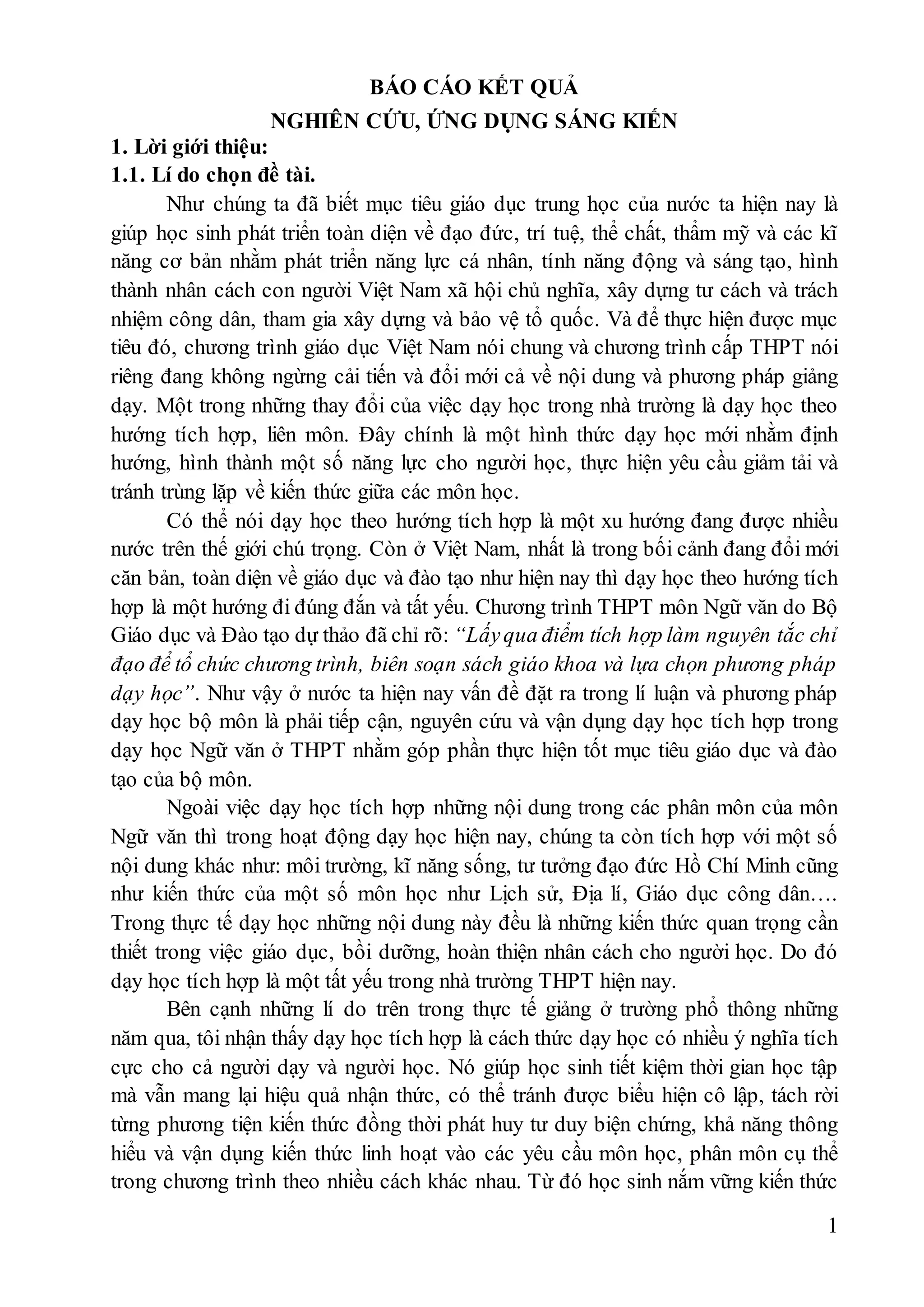 Đề tài: Dạy học tích hợp trong môn Ngữ văn ở trường THPT, HAY | DOCX