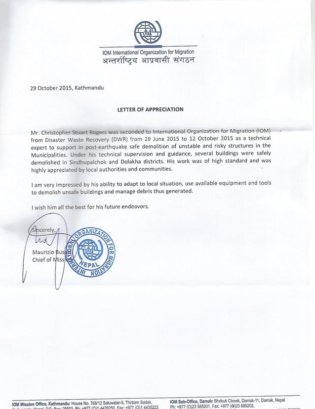 IOM letter of appeciation Nepal | PDF