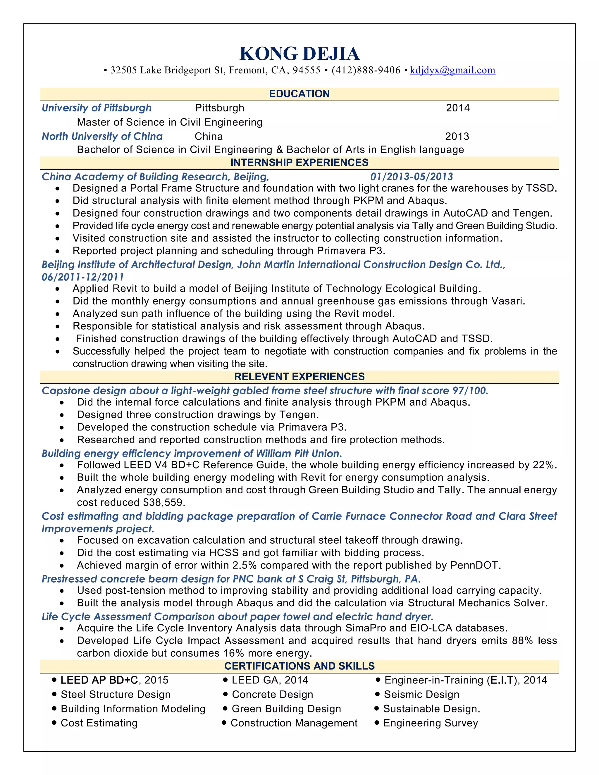 ☀Kong Dejia Resume | PDF | Civil Engineering Industry | Industries