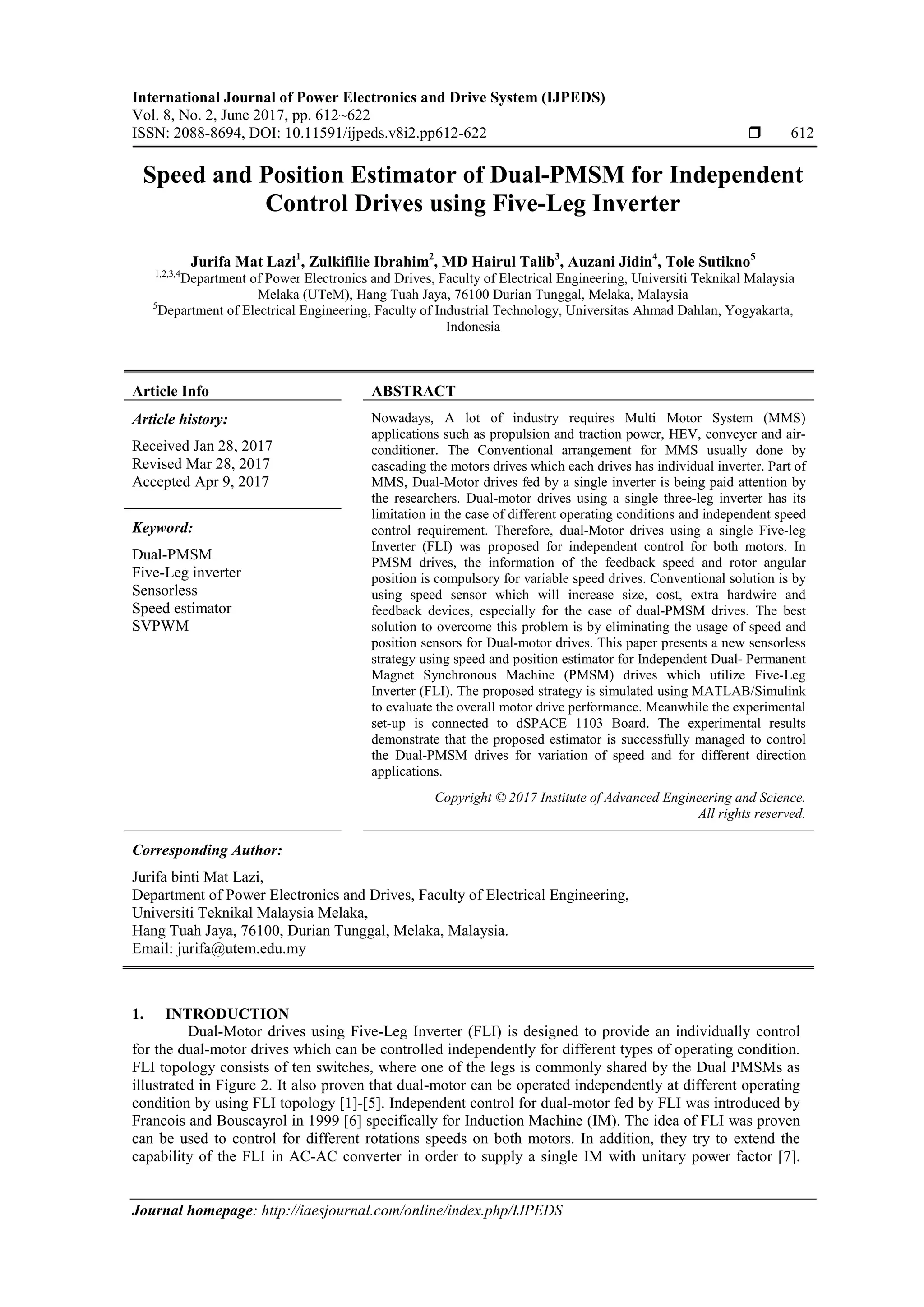 Speed and Position Estimator of Dual-PMSM for Independent Control ...