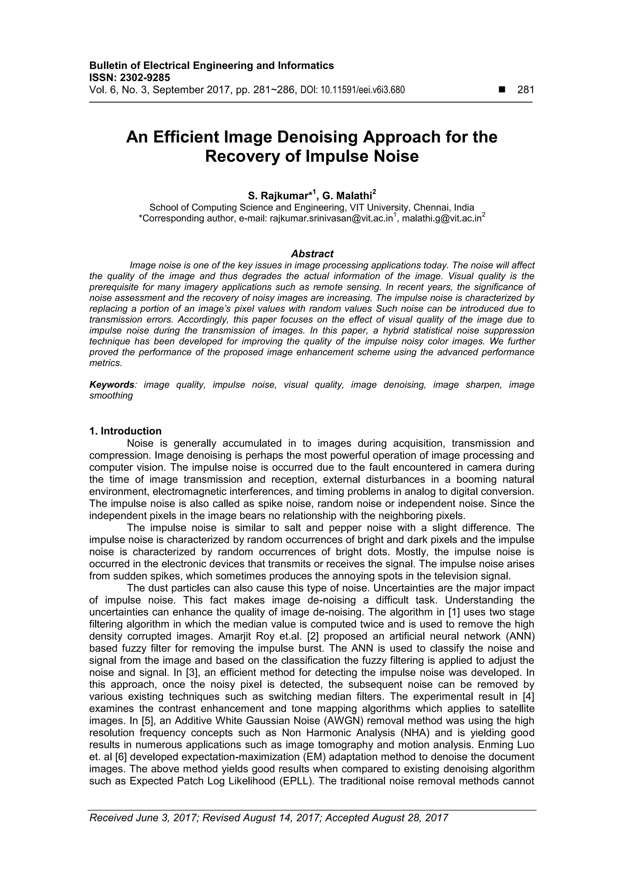 An Efficient Image Denoising Approach for the Recovery of Impulse Noise | PDF