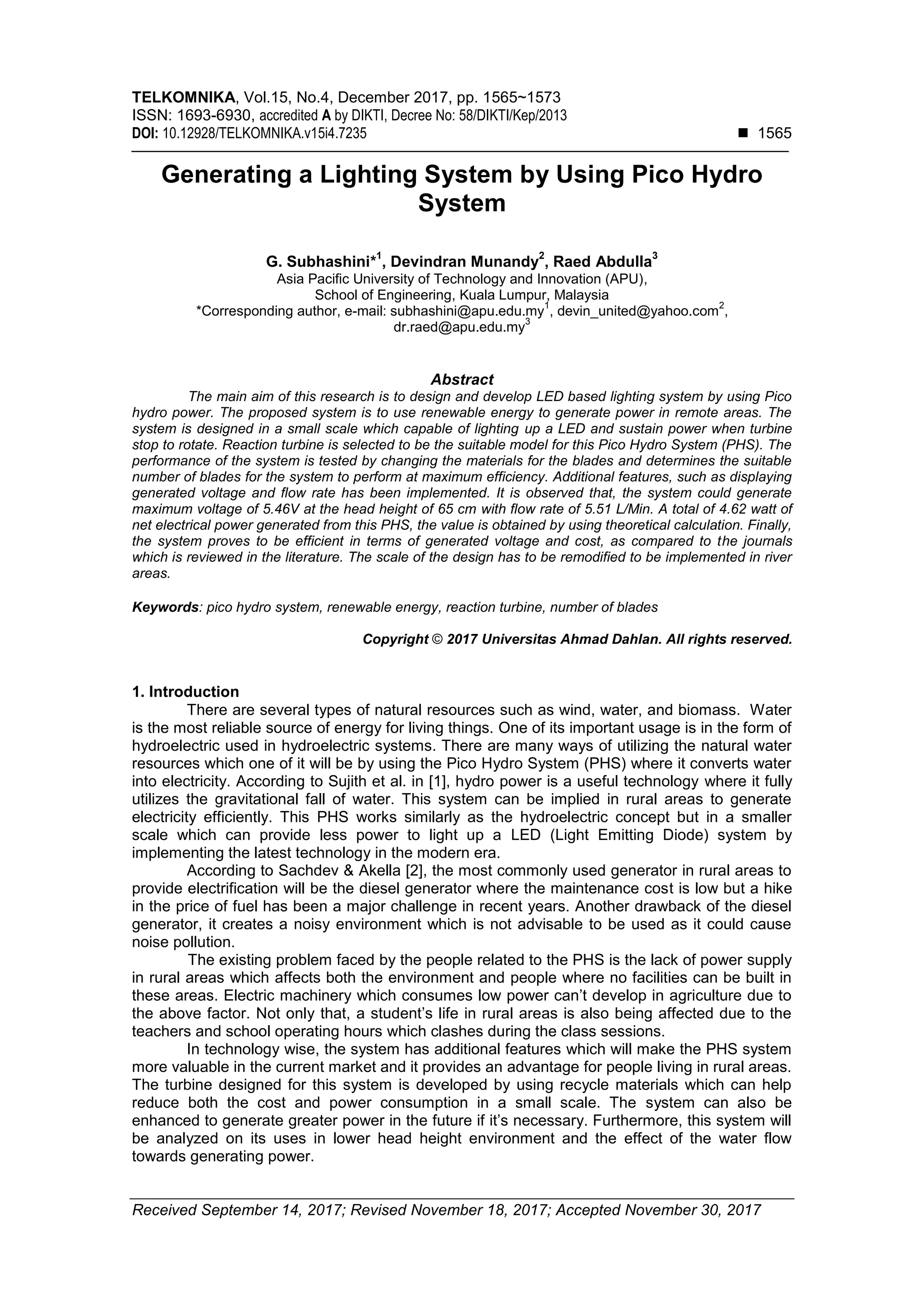 Generating a Lighting System by Using Pico Hydro System | PDF